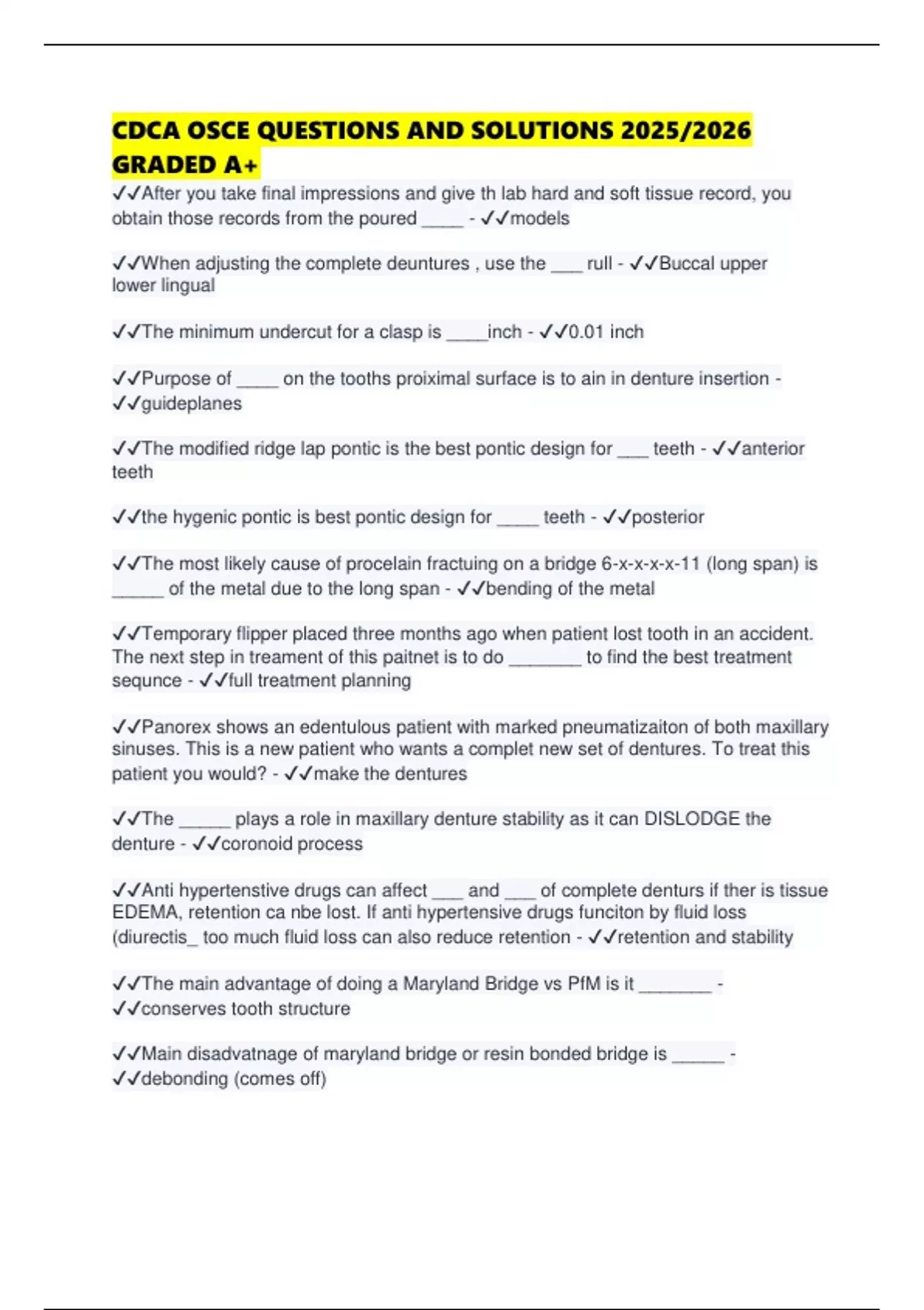 CDCA OSCE QUESTIONS AND SOLUTIONS 2025/2026 GRADED A+ - Cdca - Stuvia US