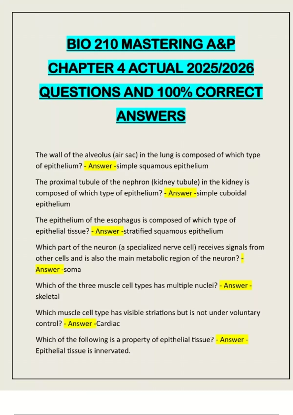 BIO 210 MASTERING A&P CHAPTER 4 ACTUAL 2025/2026 QUESTIONS AND 100% ...
