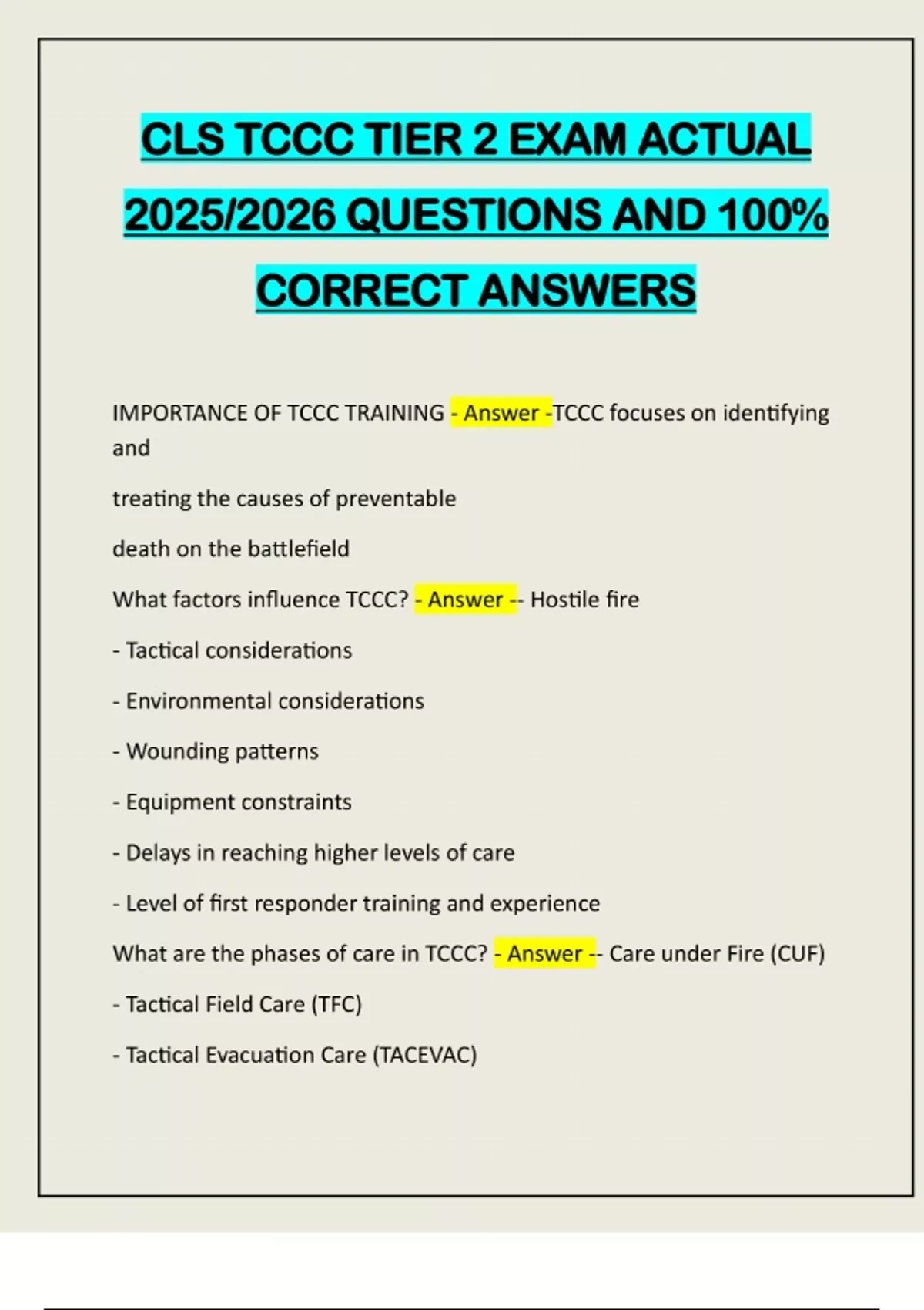 CLS TCCC TIER 2 EXAM ACTUAL 2025/2026 QUESTIONS AND 100% CORRECT ...