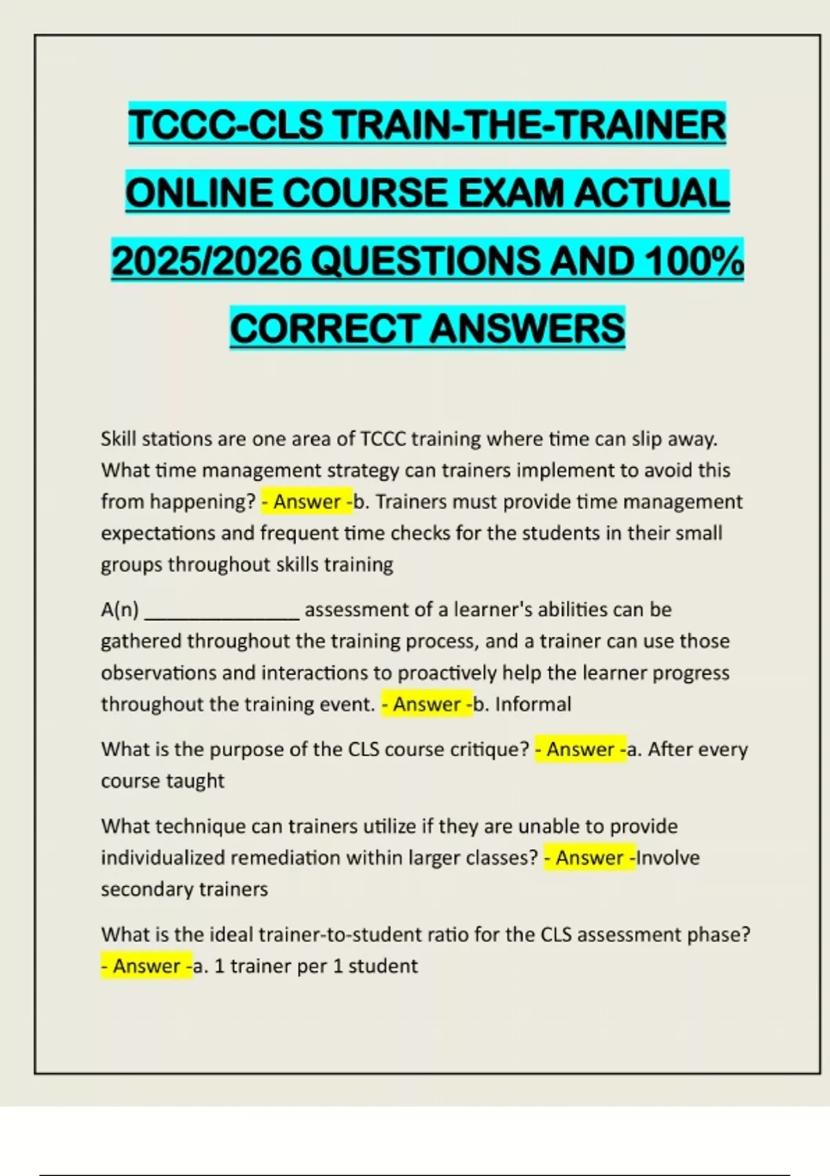 TCCC-CLS TRAIN-THE-TRAINER ONLINE COURSE EXAM ACTUAL 2025/2026 ...