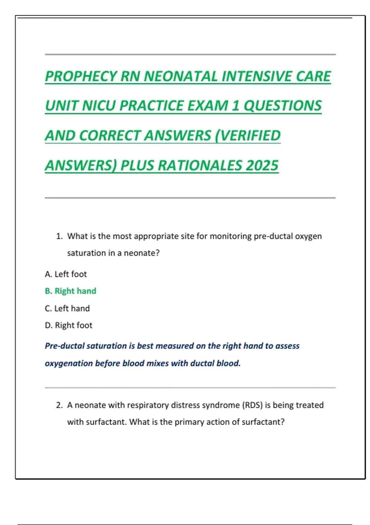 PROPHECY RN NEONATAL INTENSIVE CARE UNIT NICU PRACTICE EXAM 1 QUESTIONS ...