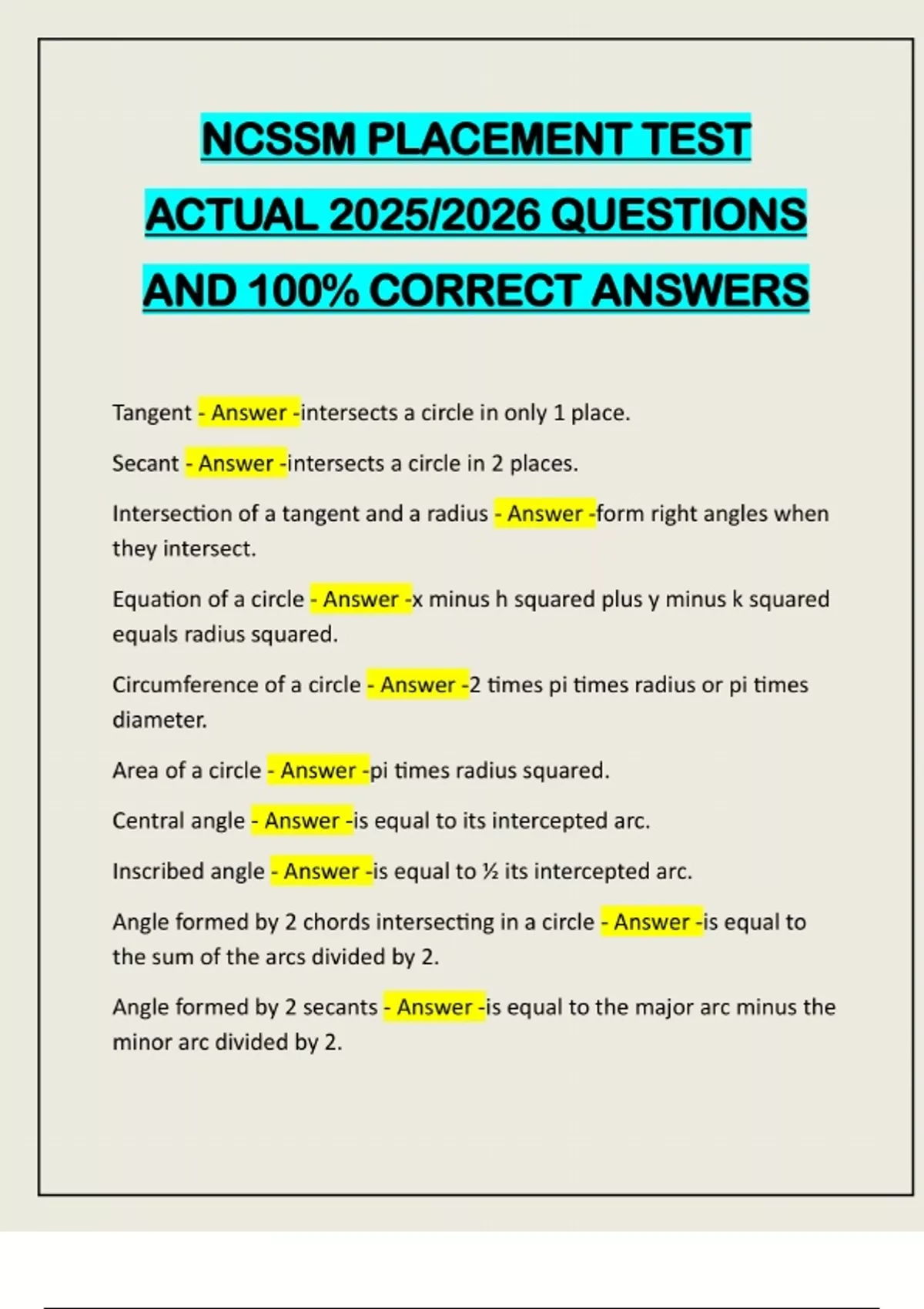 NCSSM PLACEMENT TEST ACTUAL 2025/2026 QUESTIONS AND 100% CORRECT ...