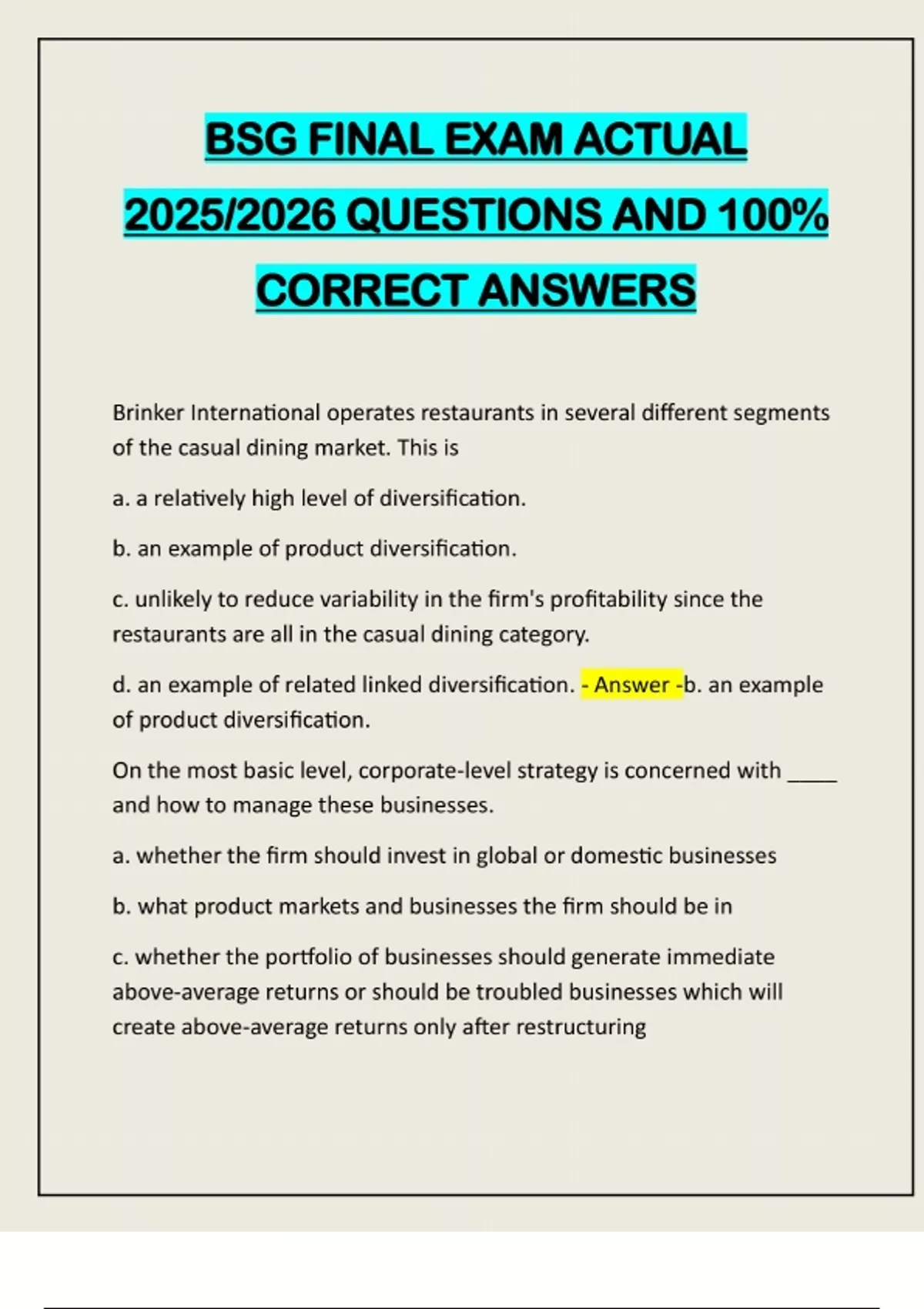 BSG FINAL EXAM ACTUAL 2025/2026 QUESTIONS AND 100% CORRECT ANSWERS ...
