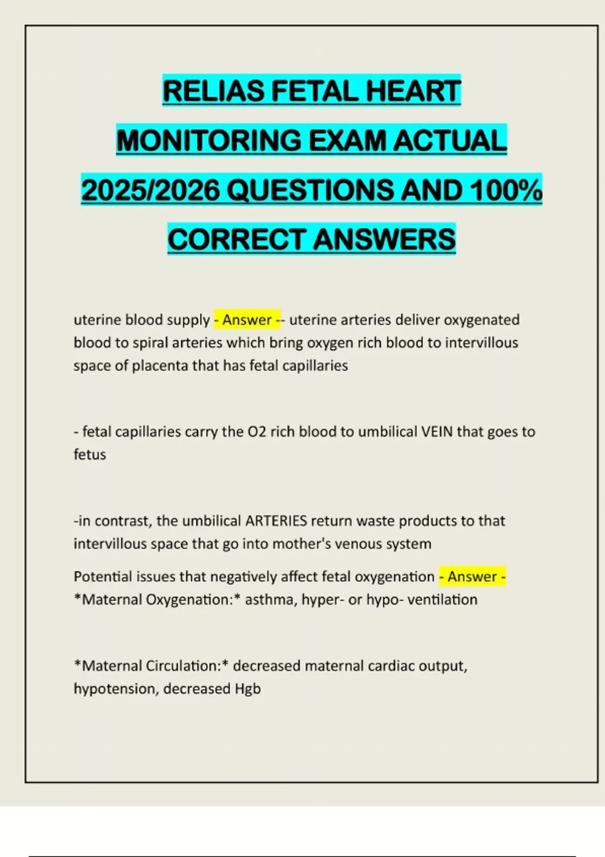 RELIAS FETAL HEART MONITORING EXAM ACTUAL 2025/2026 QUESTIONS AND 100% ...