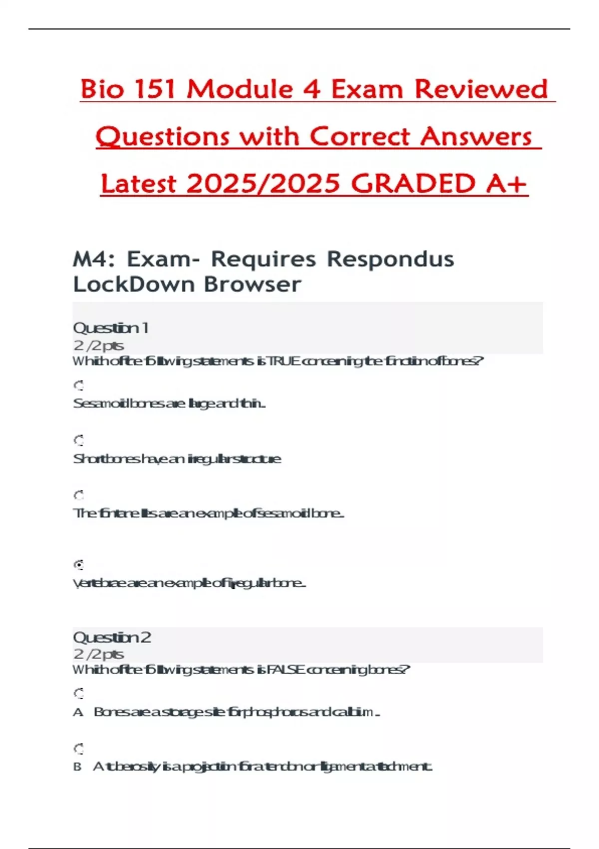 Bio 151 Module 4 Exam Reviewed Questions with Correct Answers Latest ...