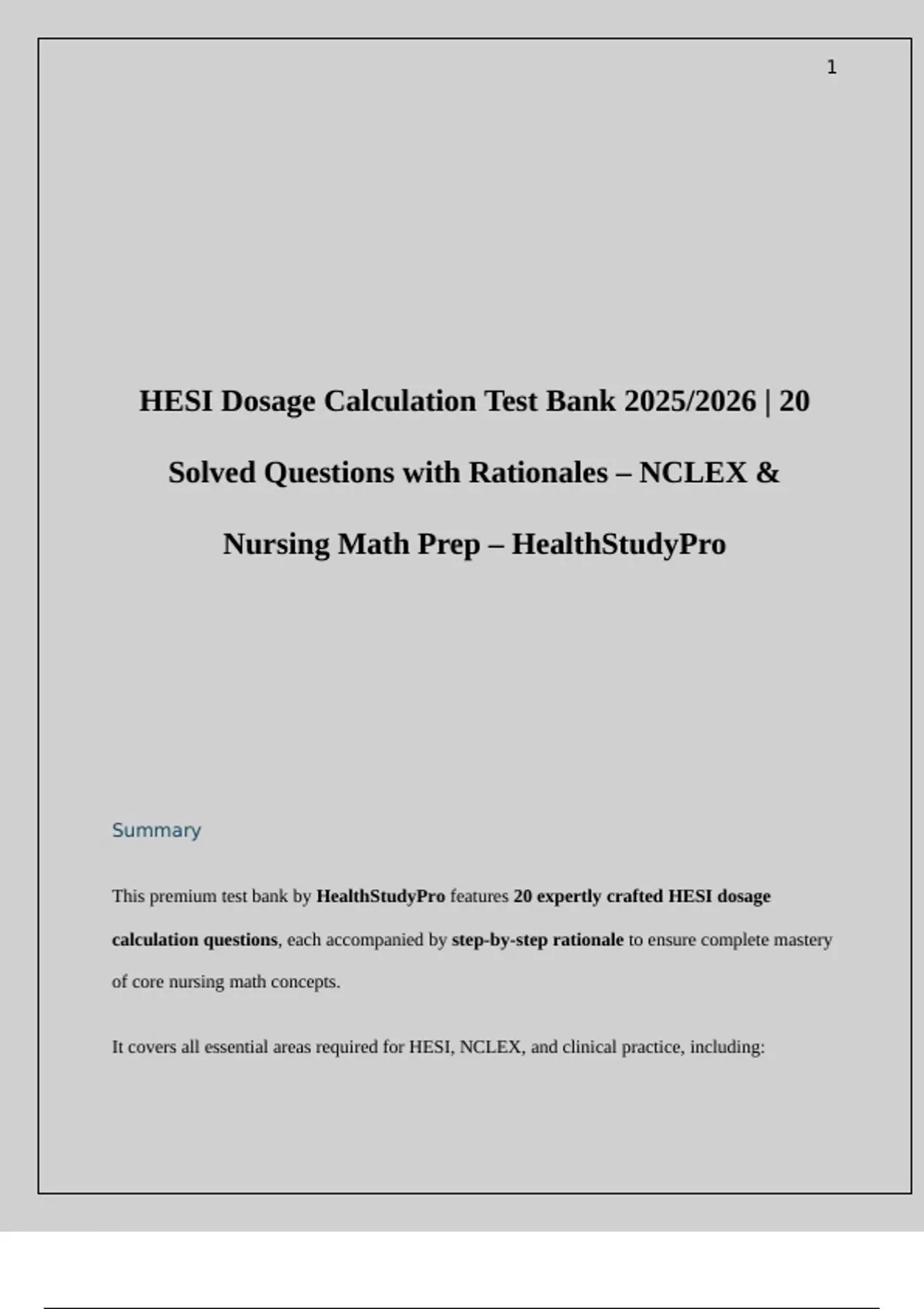 HESI Dosage Calculation Test Bank 2025/2026 | 20 Solved Questions with ...