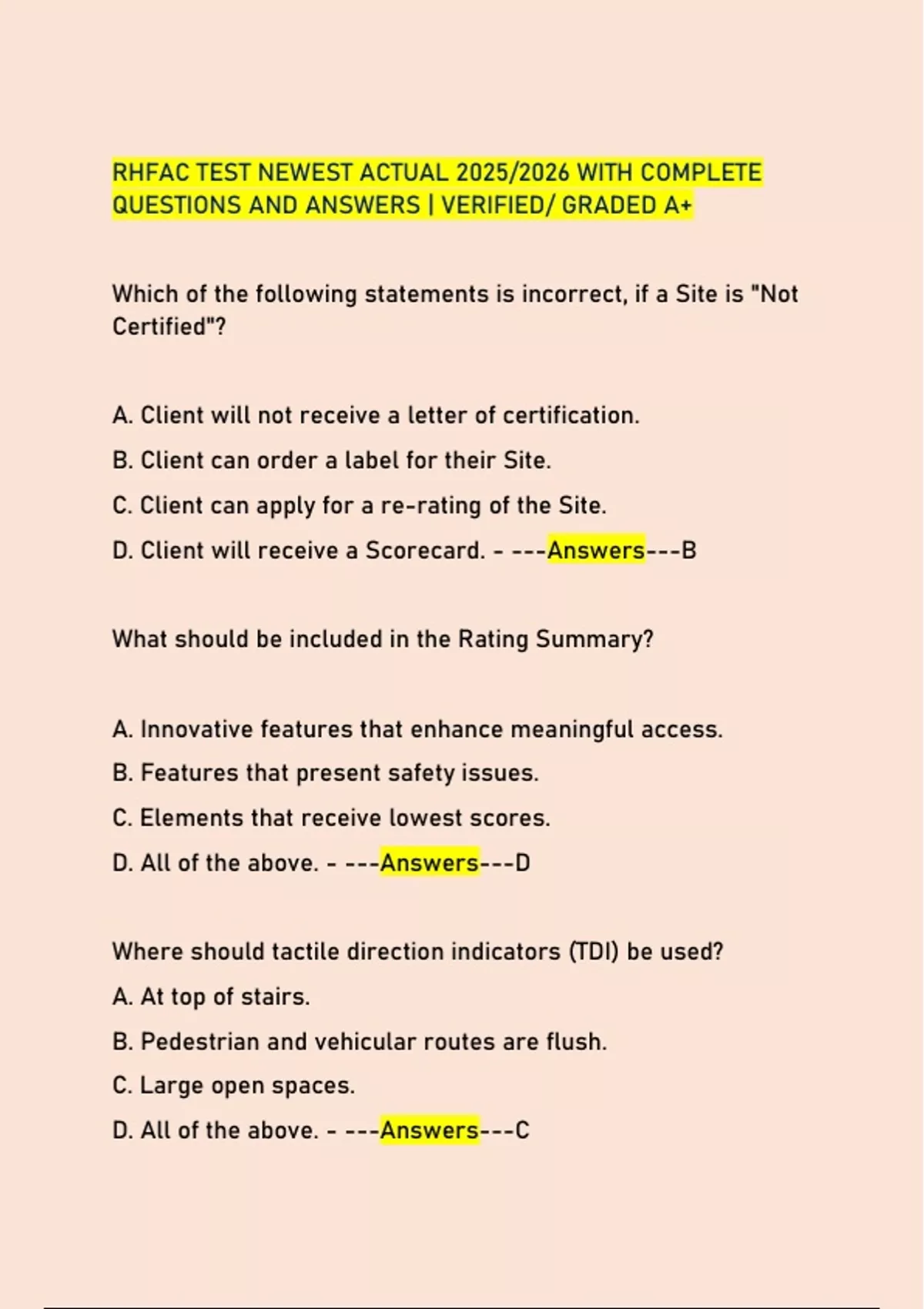 RHFAC TEST NEWEST ACTUAL 2025/2026 WITH COMPLETE QUESTIONS AND ANSWERS ...
