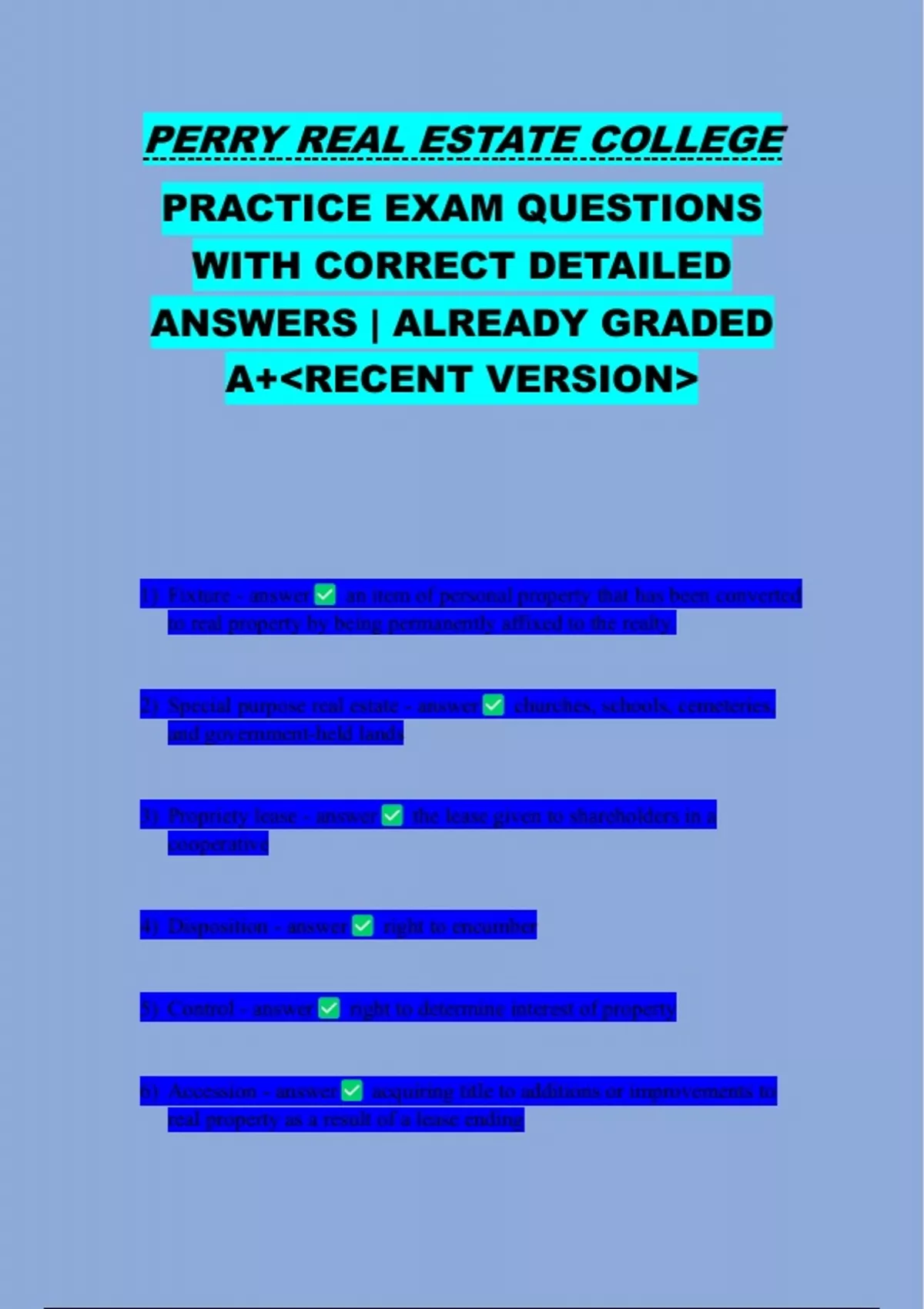 PERRY REAL ESTATE COLLEGE PRACTICE EXAM QUESTIONS WITH CORRECT DETAILED ...