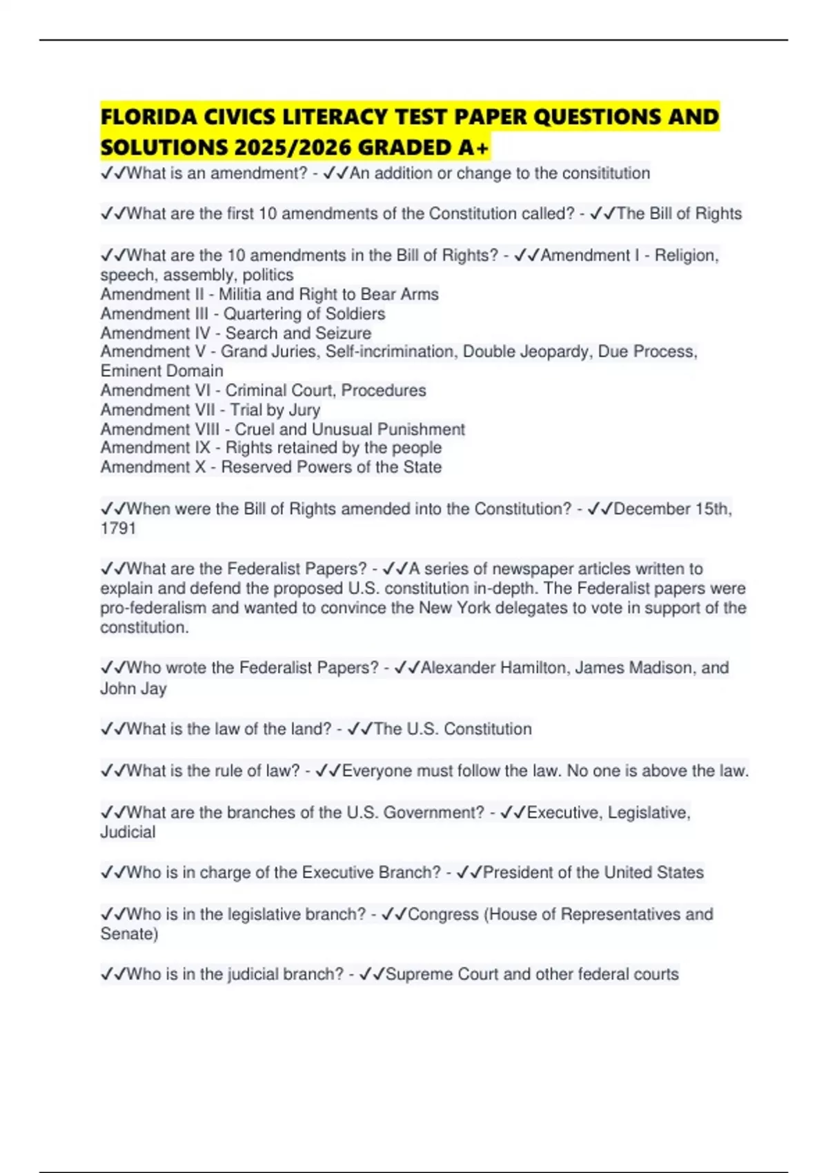 FLORIDA CIVICS LITERACY TEST PAPER QUESTIONS AND SOLUTIONS 2025/2026 ...