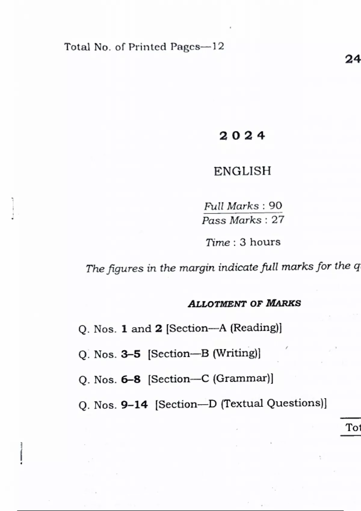 Class 11 English Core – Question Paper (2024 CBSE Pattern) | Final Exam ...