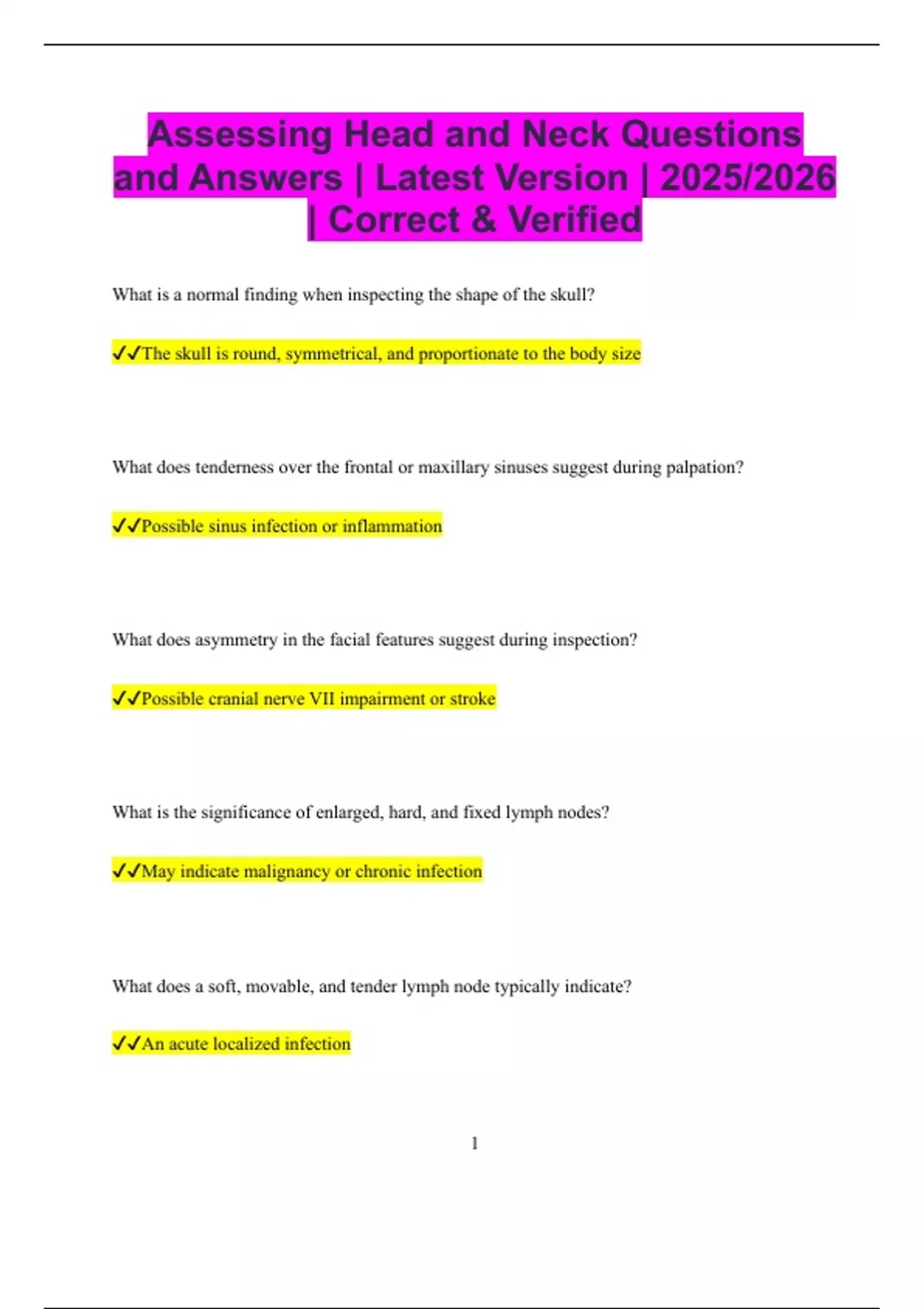 Assessing Head and Neck Questions and Answers | Latest Version | 2025/ ...