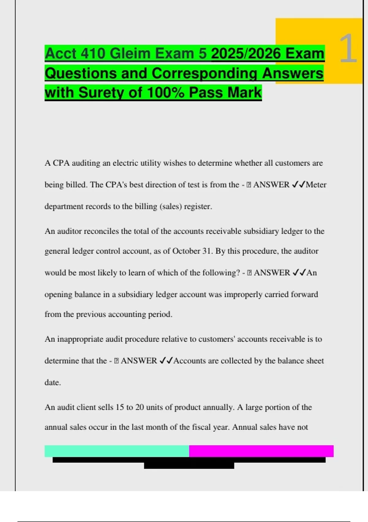 Acct 410 Gleim Exam 5 2025/2026 Exam Questions and Corresponding ...