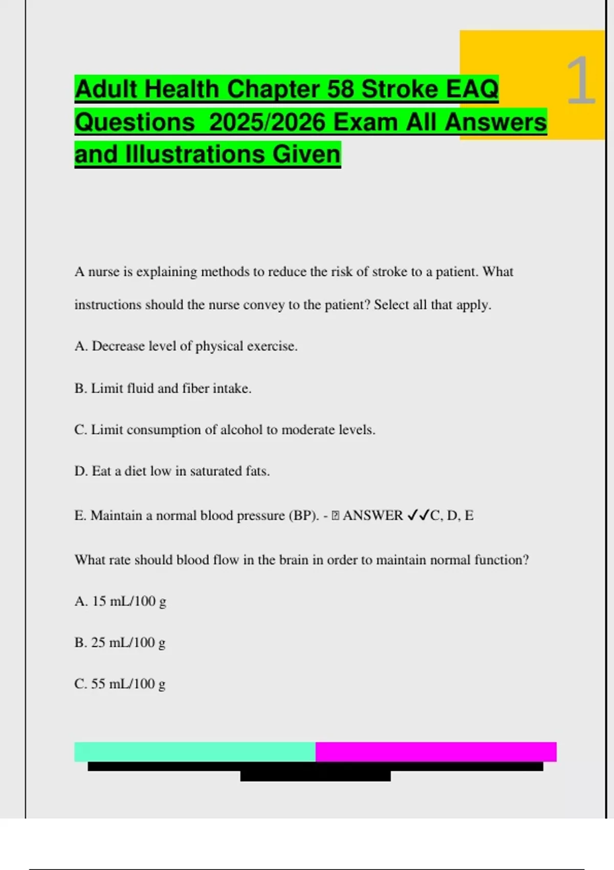 Adult Health Chapter 58 Stroke EAQ Questions 2025/2026 Exam All Answers ...