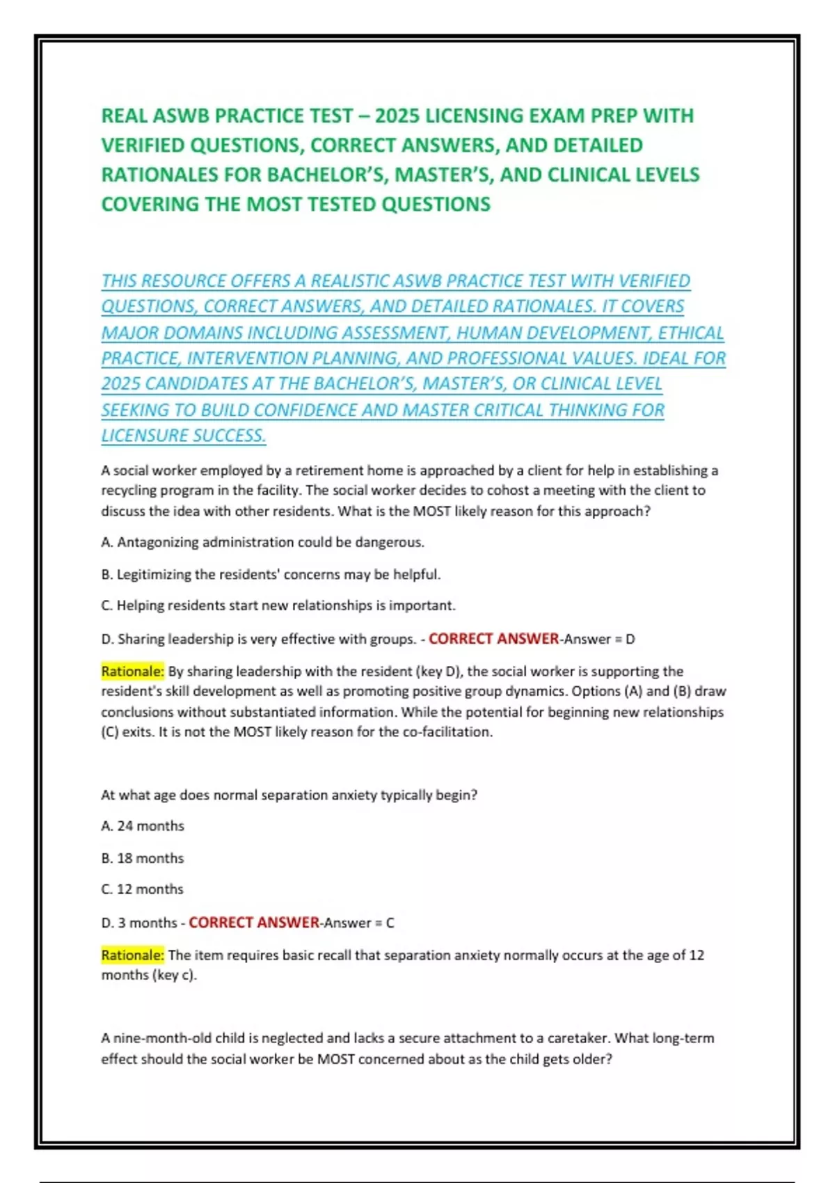 REAL ASWB PRACTICE TEST – 2025 LICENSING EXAM PREP WITH VERIFIED ...