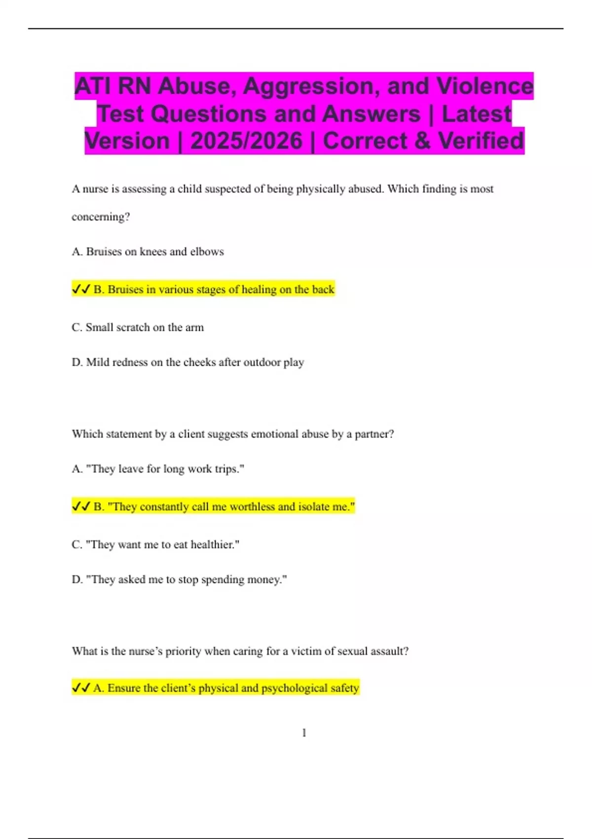 ATI RN Abuse, Aggression, and Violence Test Questions and Answers ...