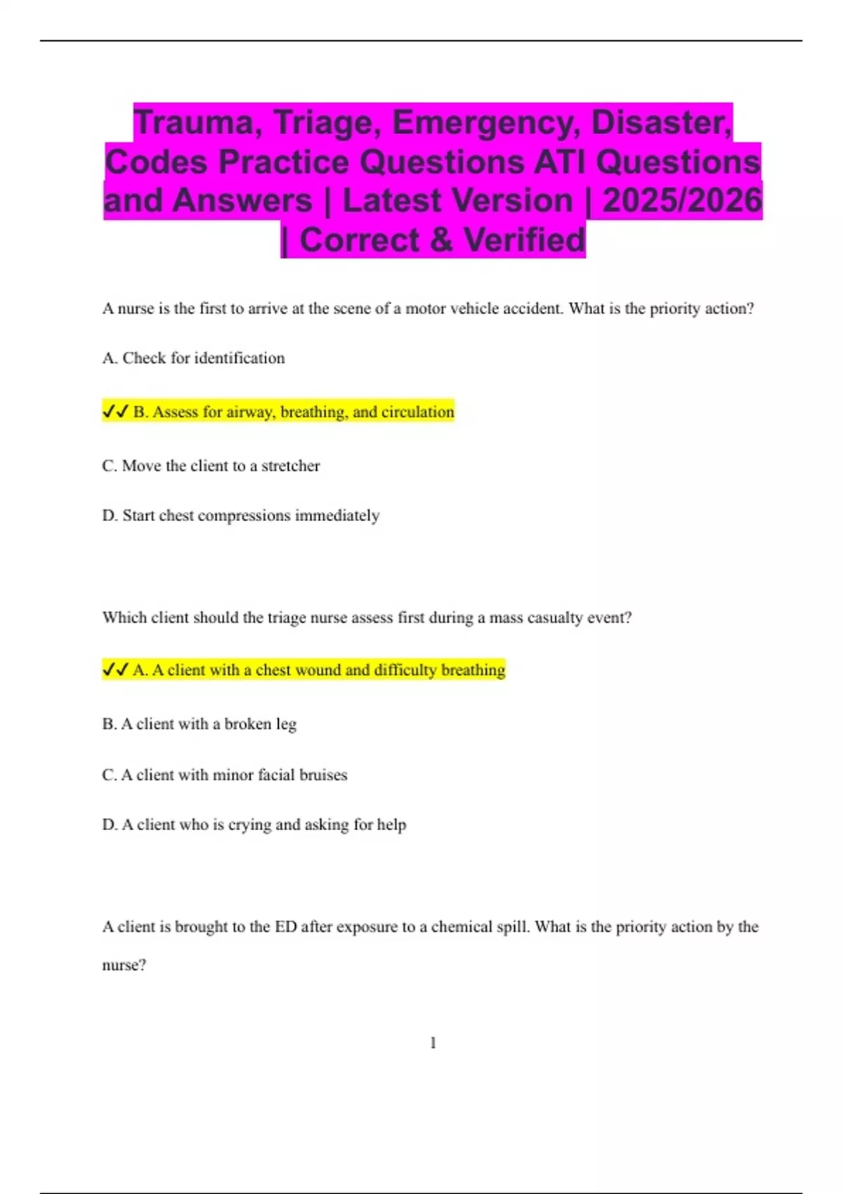 Trauma, Triage, Emergency, Disaster, Codes Practice Questions ATI ...