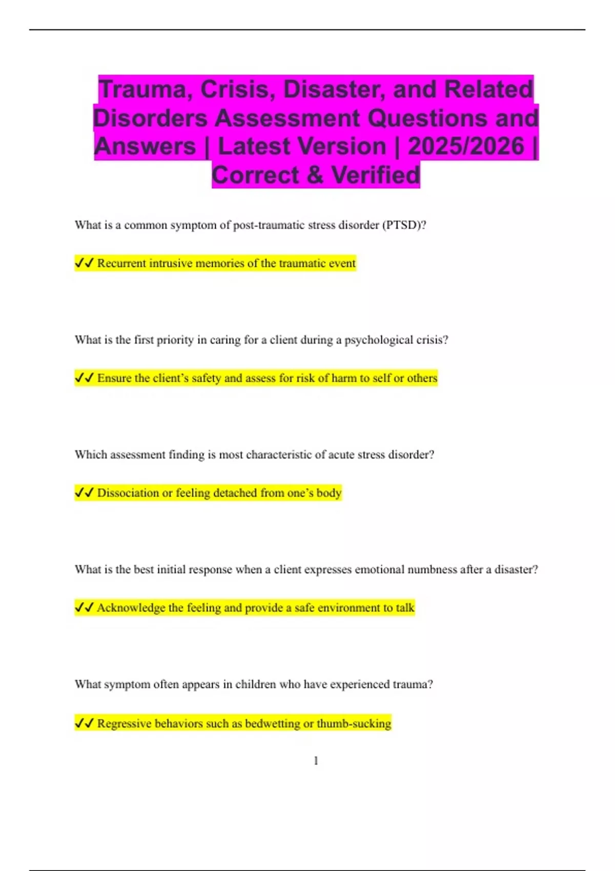 Trauma, Crisis, Disaster, and Related Disorders Assessment Questions ...