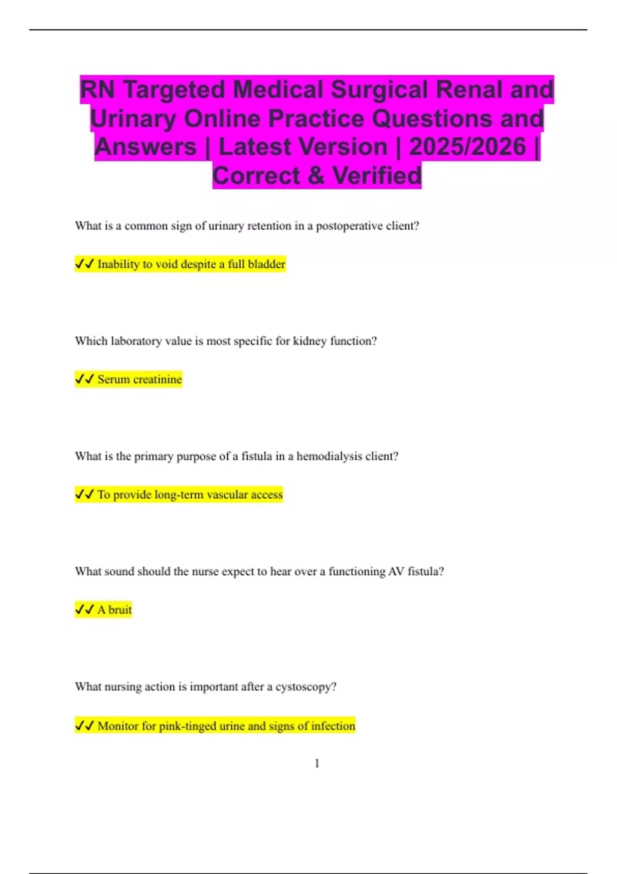 RN Targeted Medical Surgical Renal and Urinary Online Practice ...