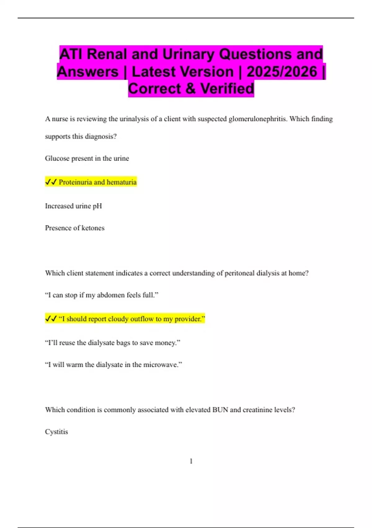 ATI Renal and Urinary Questions and Answers | Latest Version | 2025/ ...