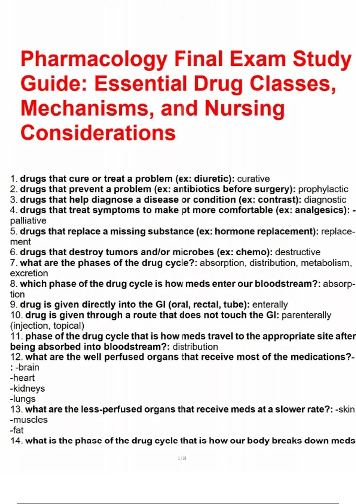 Pharmacology Final Exam Study Guide Essential Drug Classes, Mechanisms ...