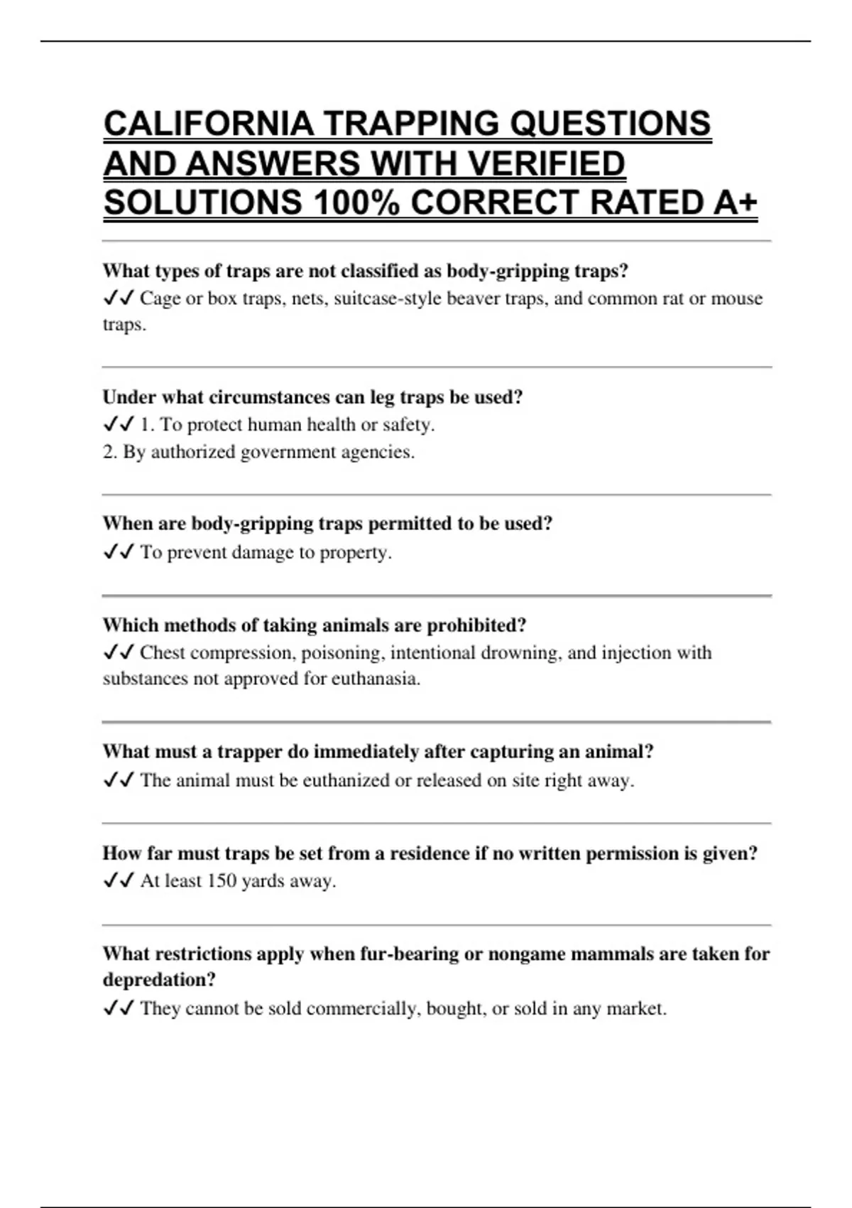 CALIFORNIA TRAPPING QUESTIONS AND ANSWERS WITH VERIFIED SOLUTIONS 100% ...