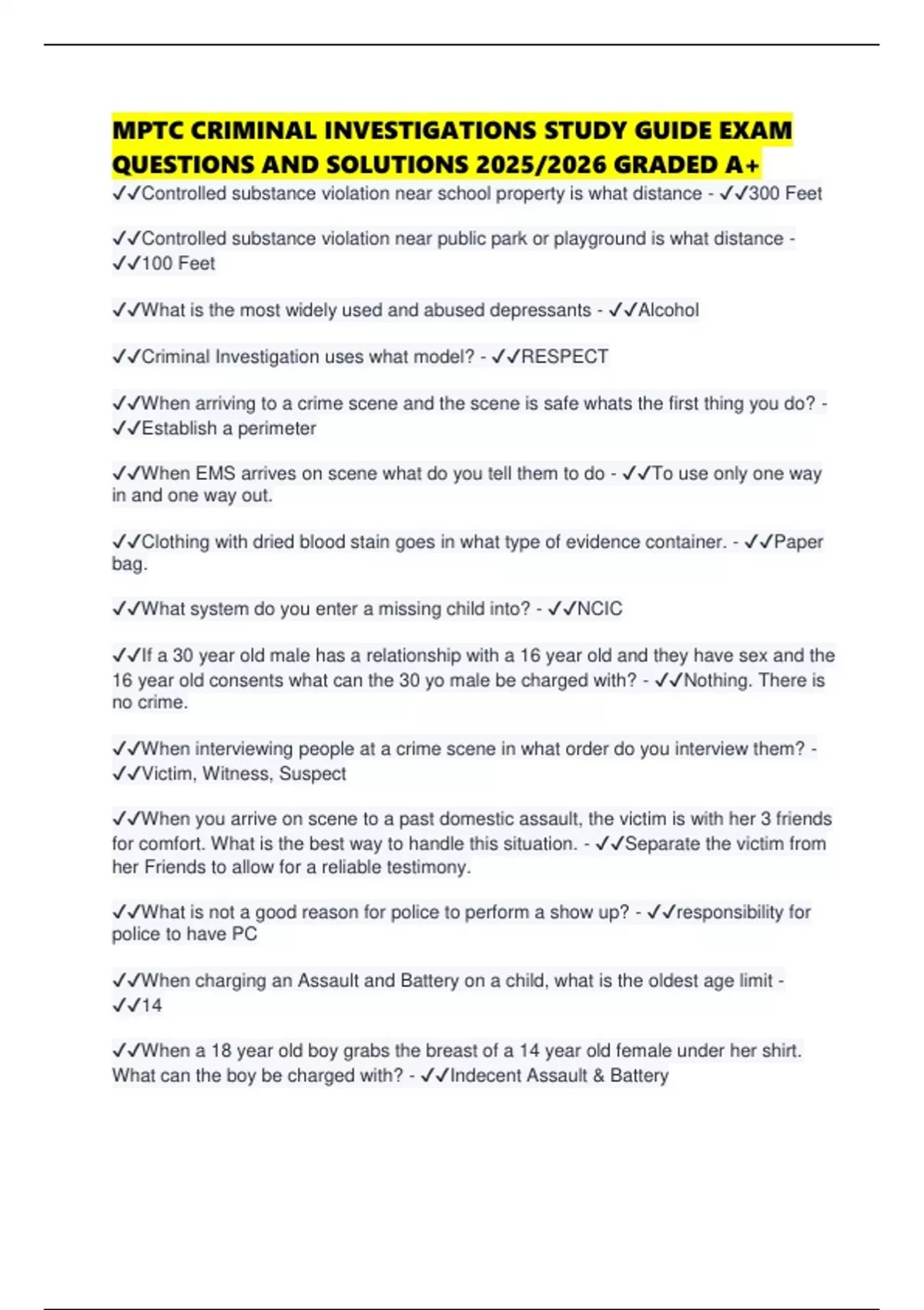 MPTC CRIMINAL INVESTIGATIONS STUDY GUIDE EXAM QUESTIONS AND SOLUTIONS ...