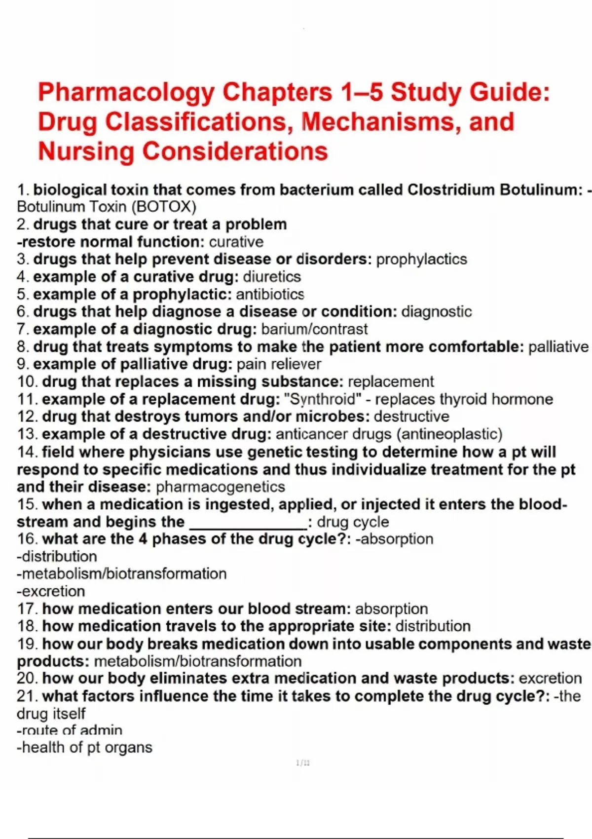 Pharmacology Chapters 1–5 Study Guide Drug Classifications, Mechanisms ...