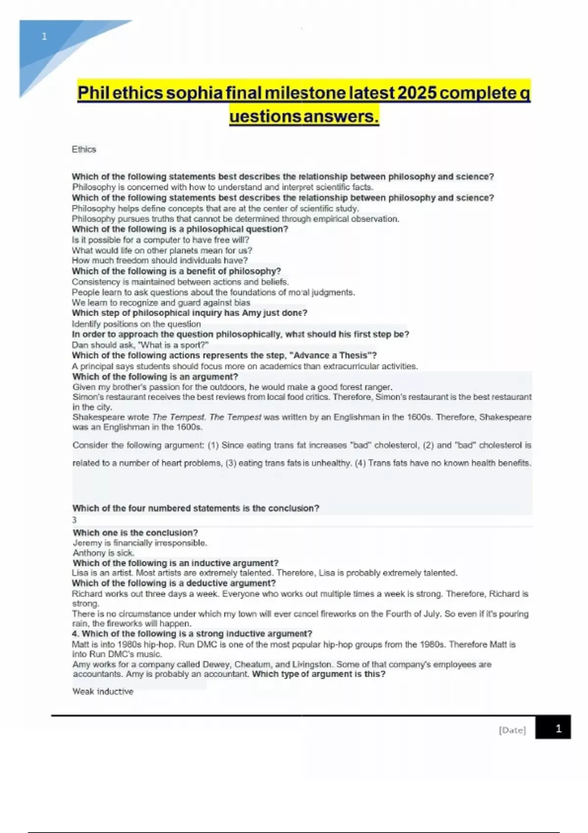Phil ethics sophia final milestone latest 2025 complete questions ...