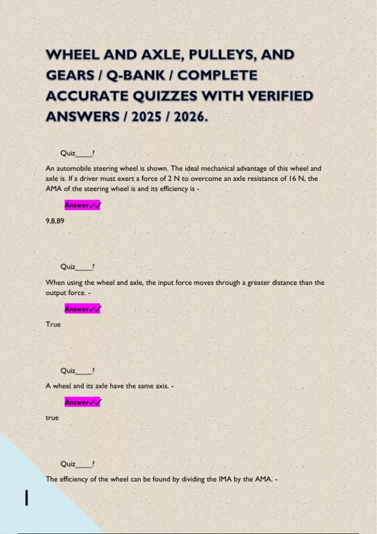 WHEEL AND AXLE, PULLEYS, AND GEARS / Q-BANK / COMPLETE ACCURATE QUIZZES ...