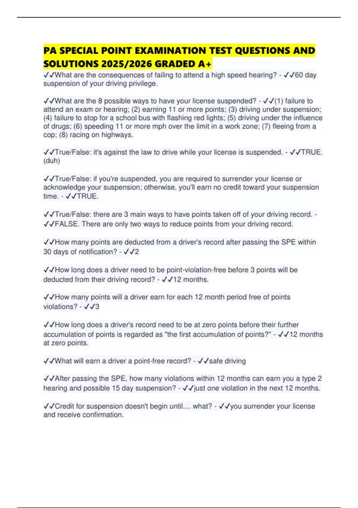 PA SPECIAL POINT EXAMINATION TEST QUESTIONS AND SOLUTIONS 2025/2026 ...
