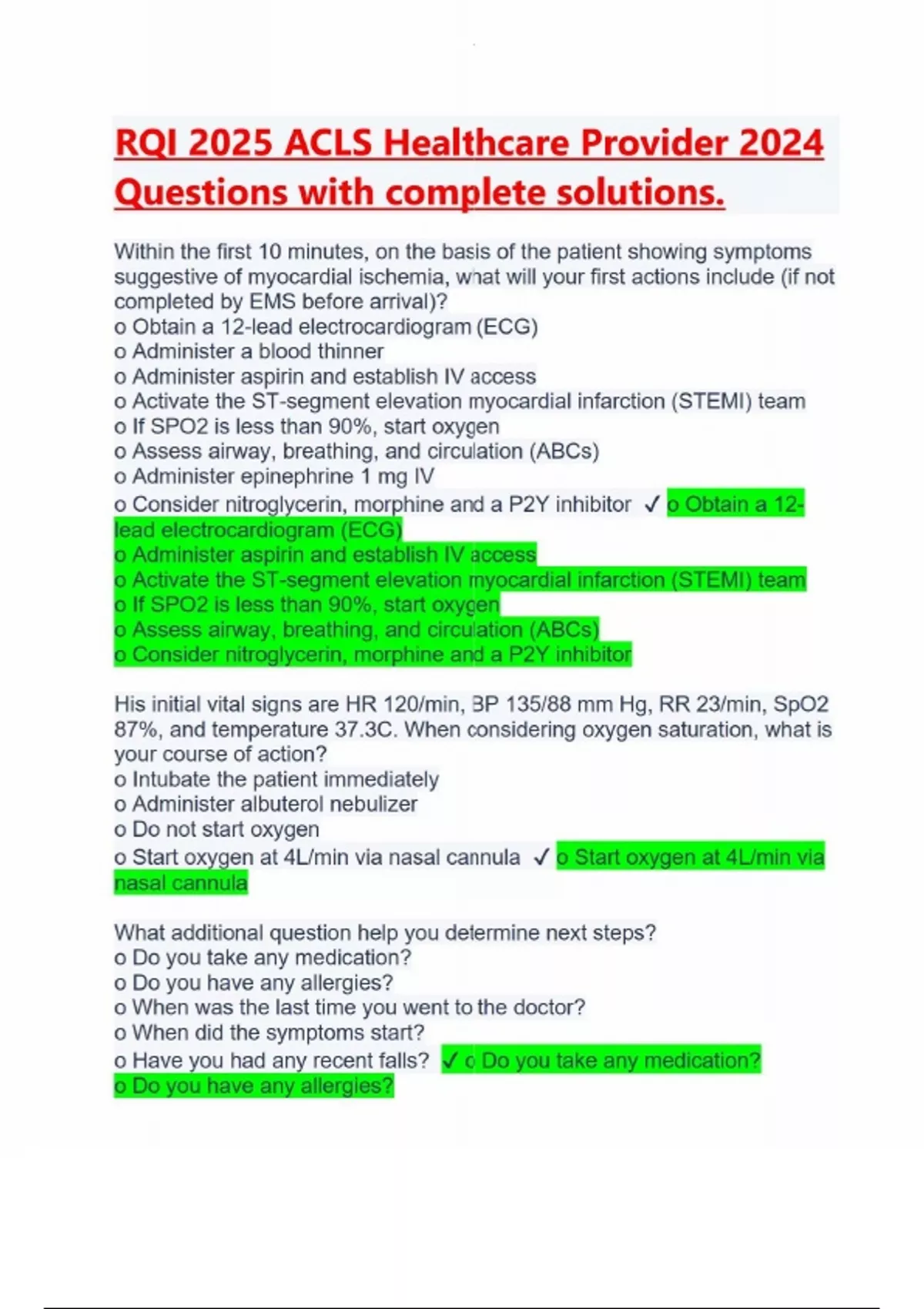 Rqi 2025 acls healthcare provider questions with complete solutions ...