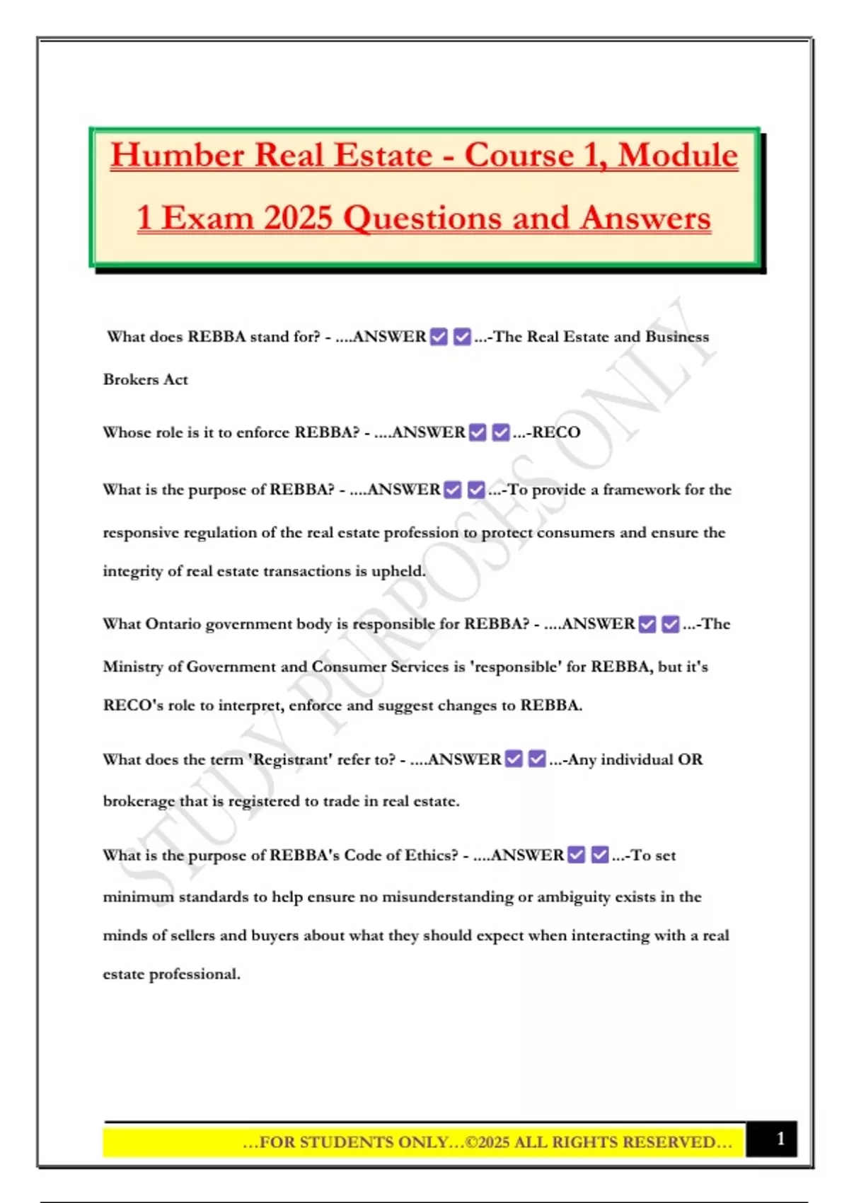 Humber Real Estate - Course 1, Module 1 Exam 2025 Questions and ...