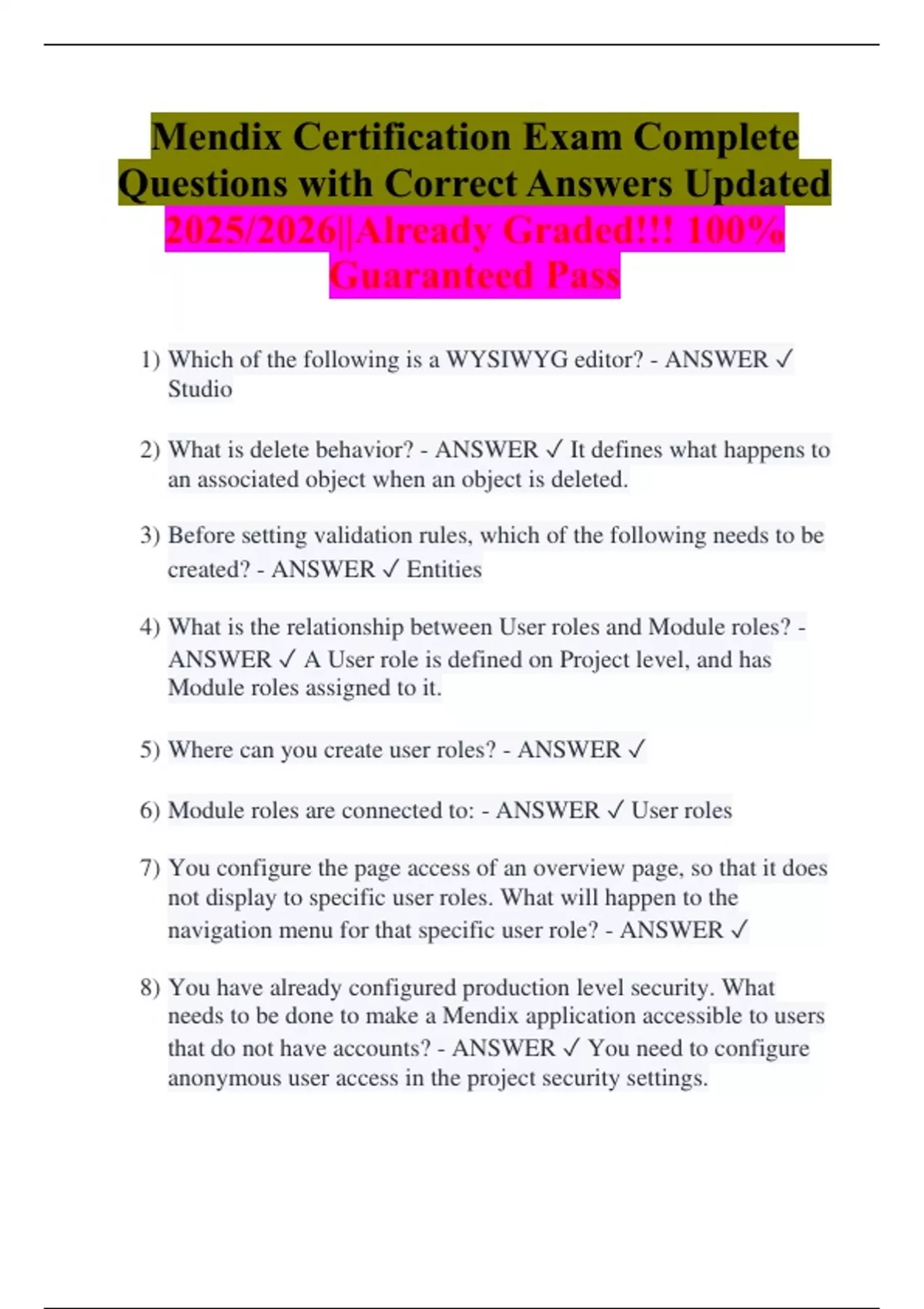 Mendix Certification Exam Complete Questions with Correct Answers Updated 2025/2026||Already ...