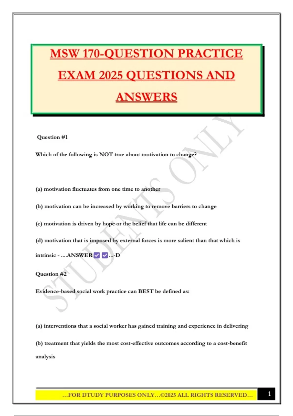MSW 170-QUESTION PRACTICE EXAM 2025 QUESTIONS AND ANSWERS - Msw - Stuvia US
