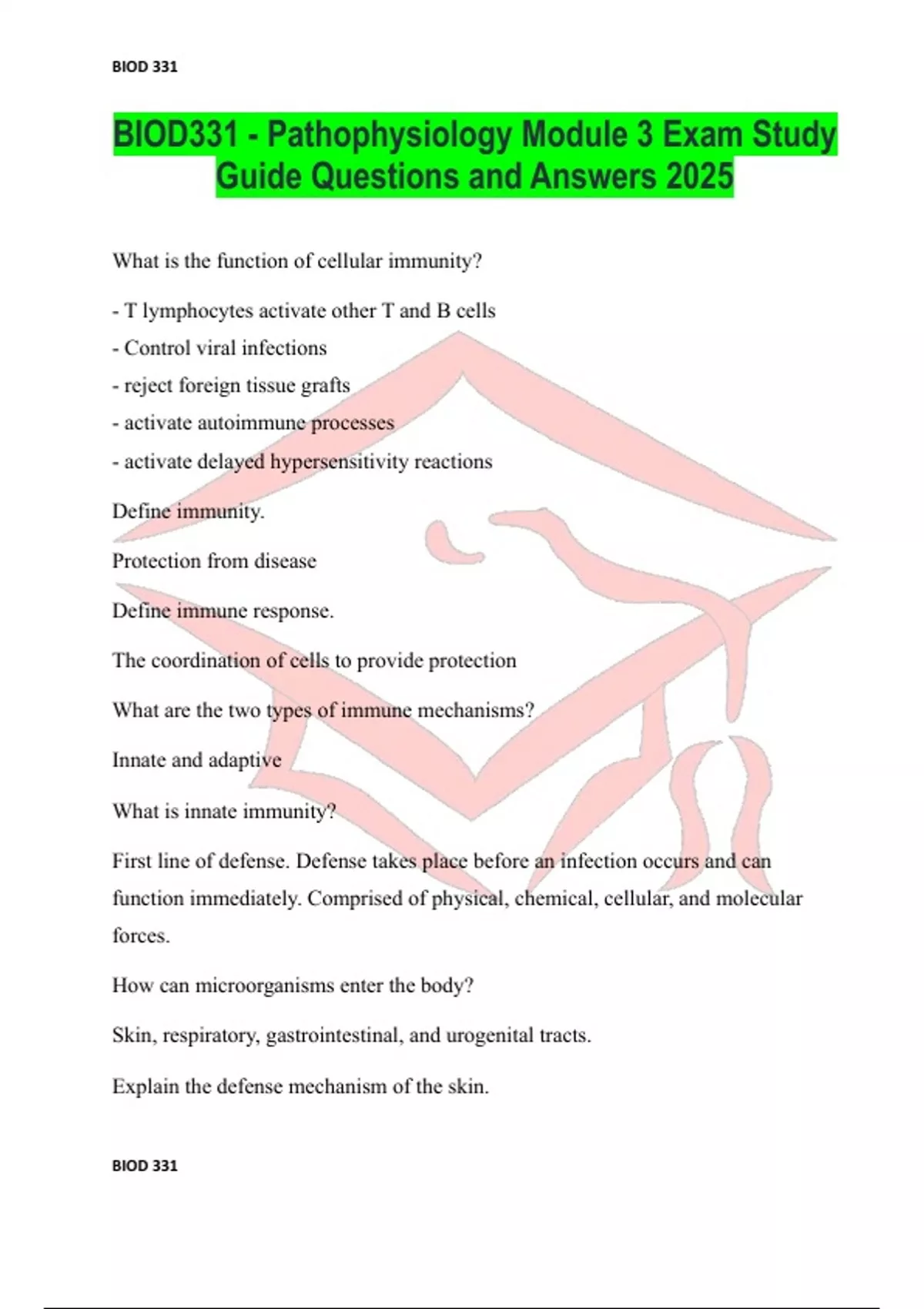 BIOD331 - Pathophysiology Module 3 Exam Study Guide Questions and ...