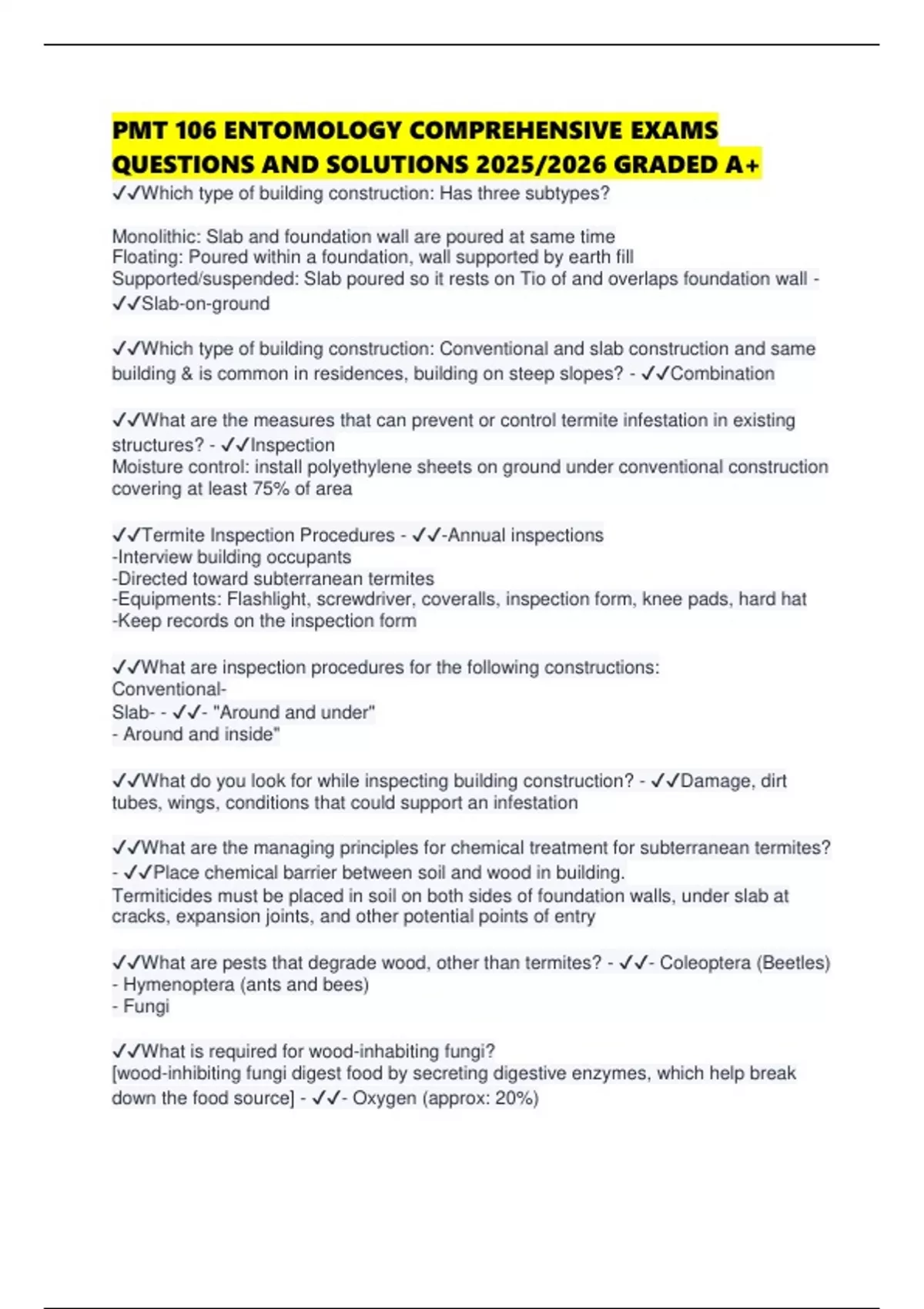 PMT 106 ENTOMOLOGY COMPREHENSIVE EXAMS QUESTIONS AND SOLUTIONS 2025/ ...