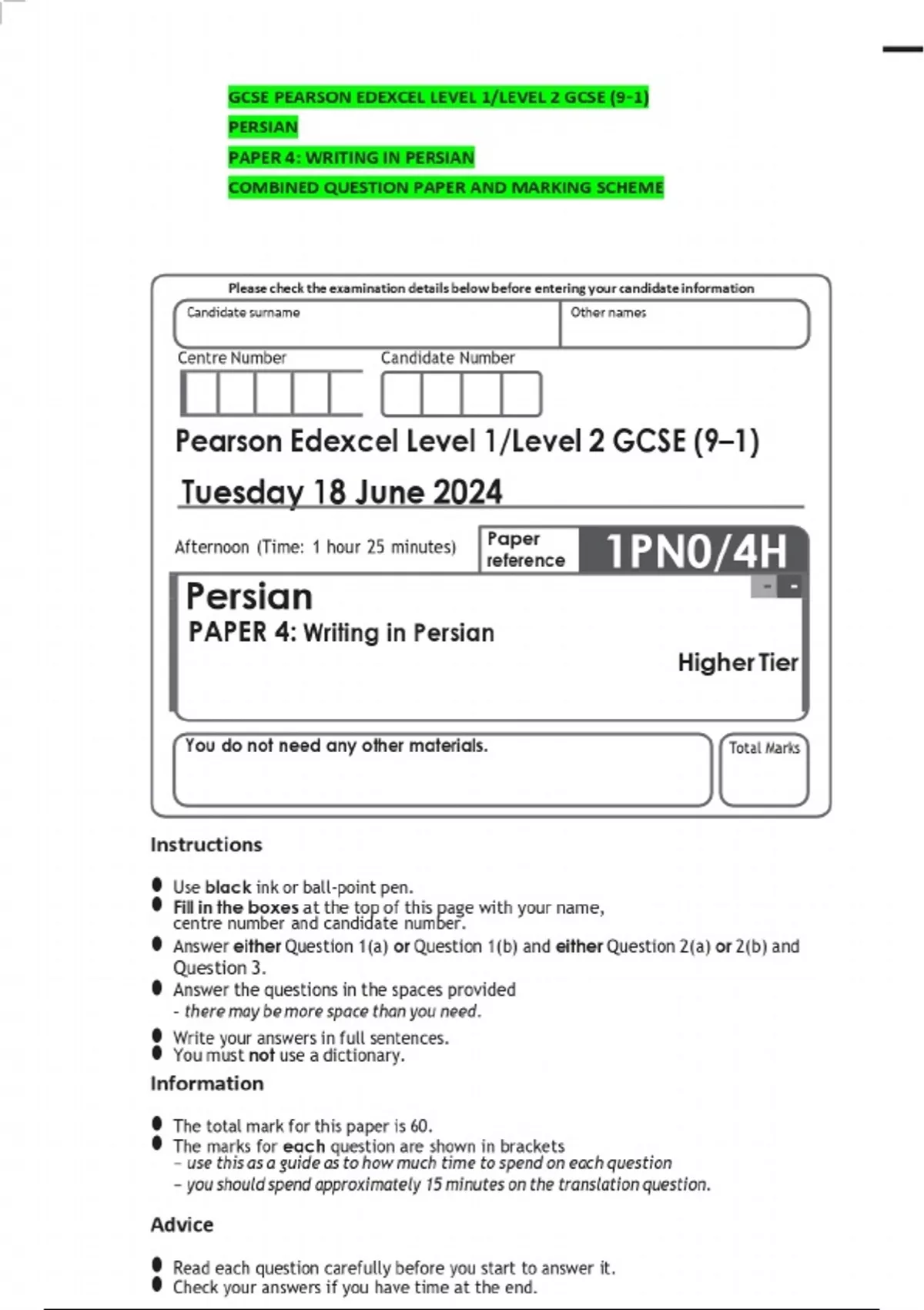 GCSE PEARSON EDEXCEL LEVEL 1/LEVEL 2 GCSE (9–1) PERSIAN PAPER 4 ...