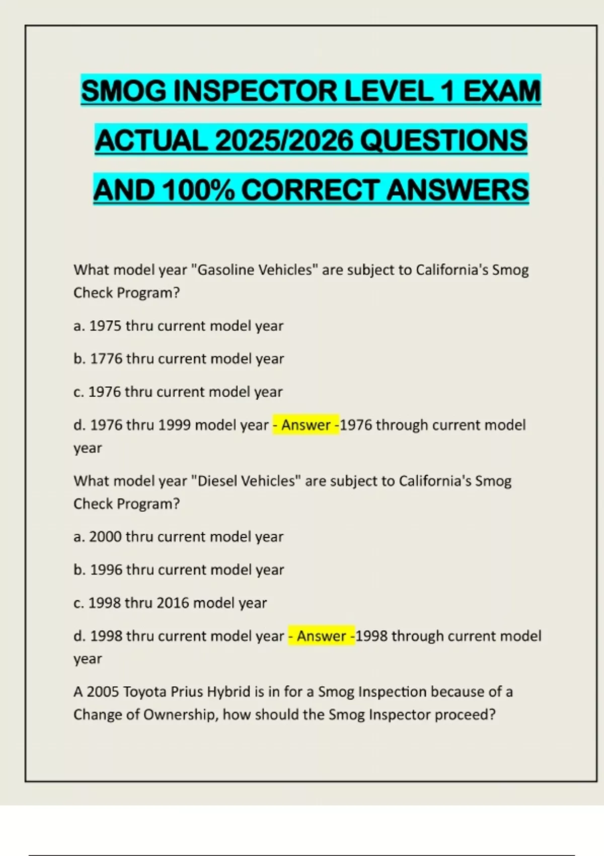 BUNDLE FOR SMOG CHECK INSPECTOR EXAMS 2025/2026 Q&A 100% PASS - Stuvia US
