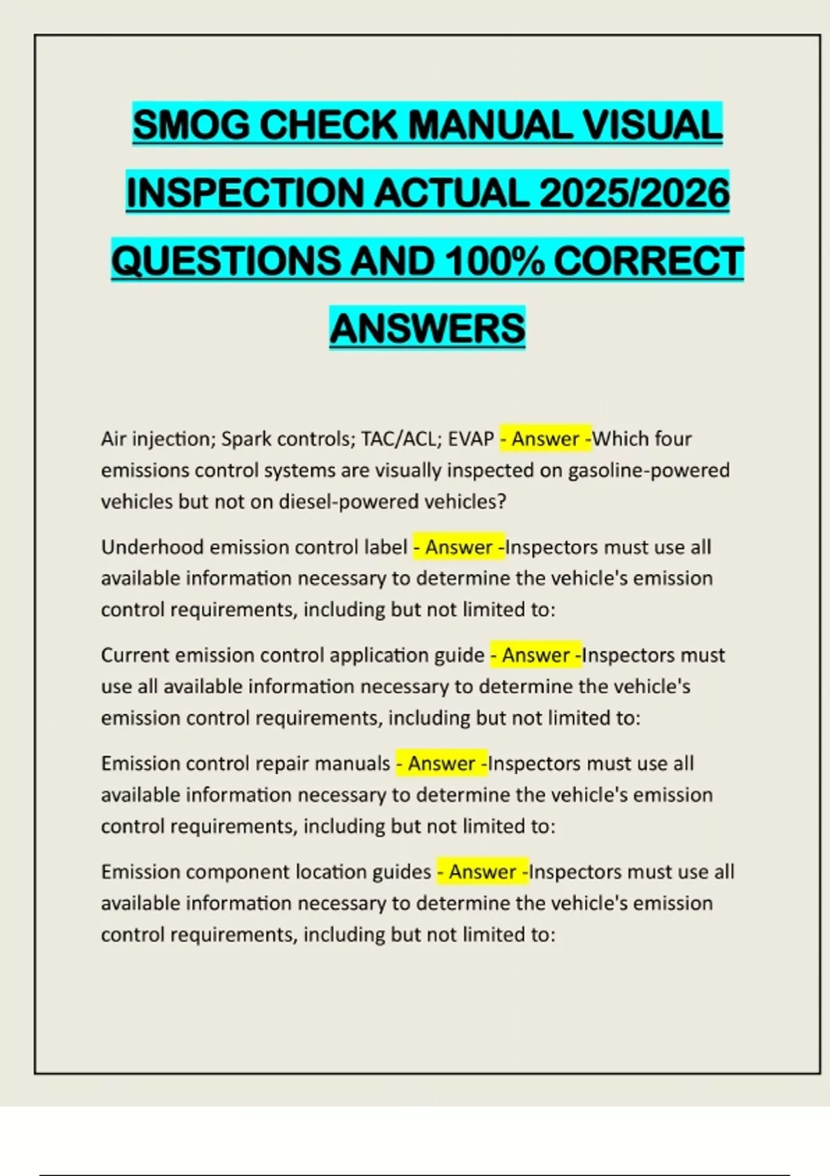 SMOG CHECK MANUAL VISUAL INSPECTION ACTUAL 2025/2026 QUESTIONS AND 100% ...