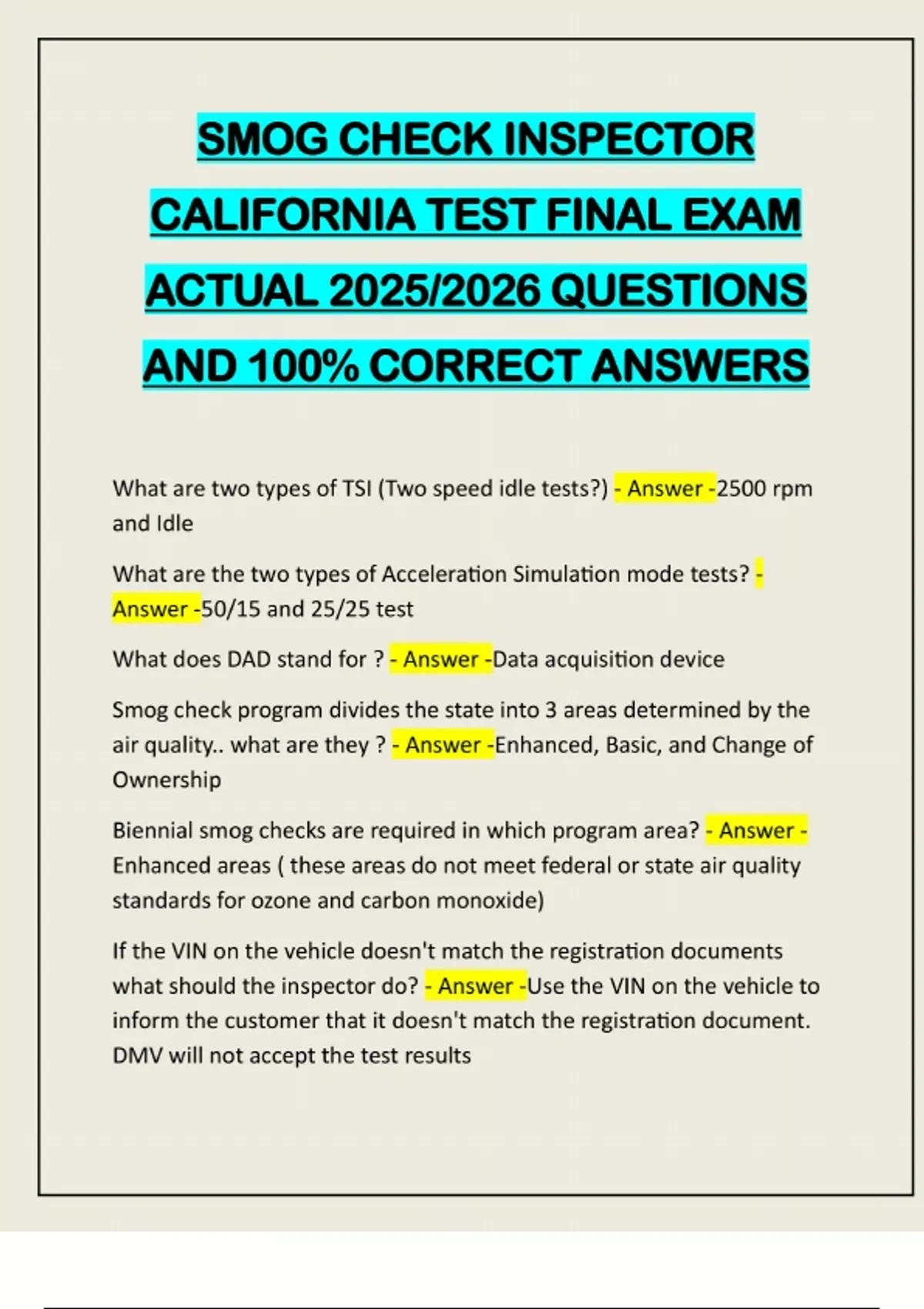 SMOG CHECK INSPECTOR CALIFORNIA TEST FINAL EXAM ACTUAL 2025/2026 ...