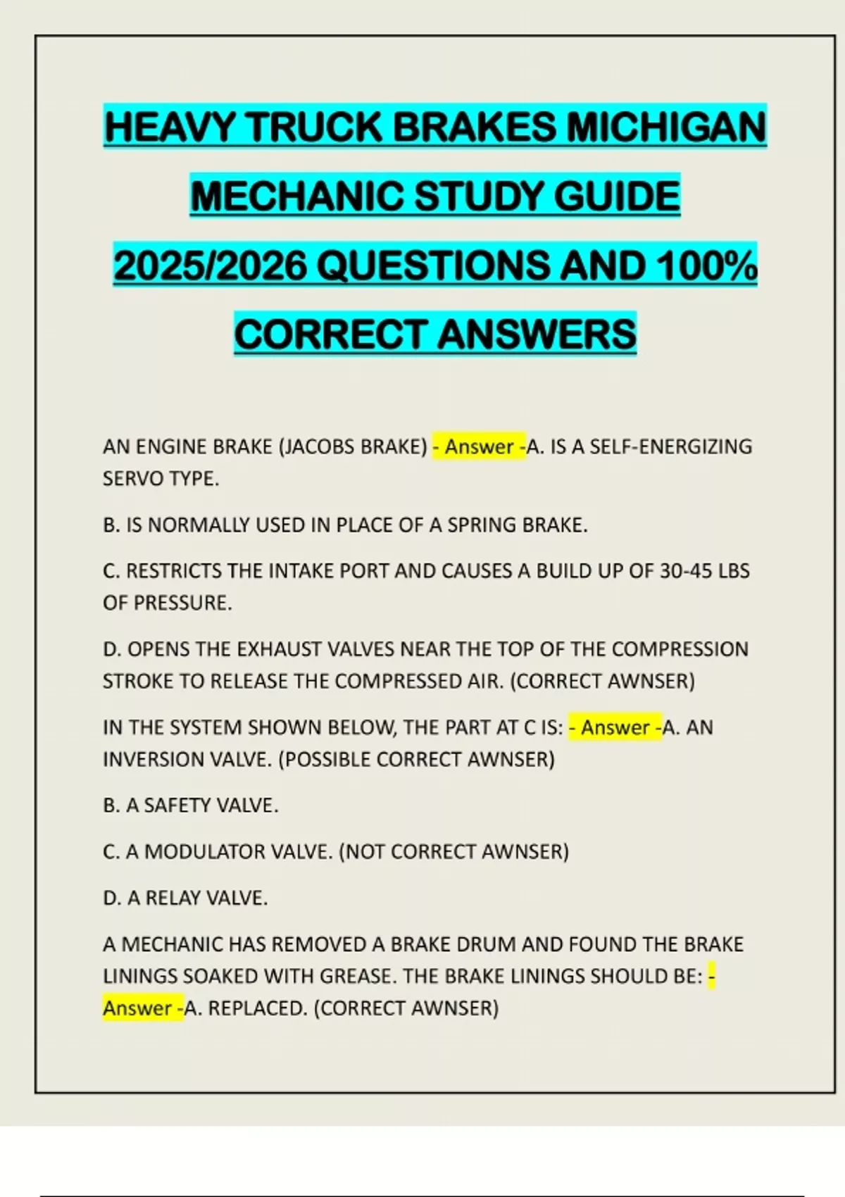 HEAVY TRUCK BRAKES MICHIGAN MECHANIC STUDY GUIDE 2025/2026 QUESTIONS ...