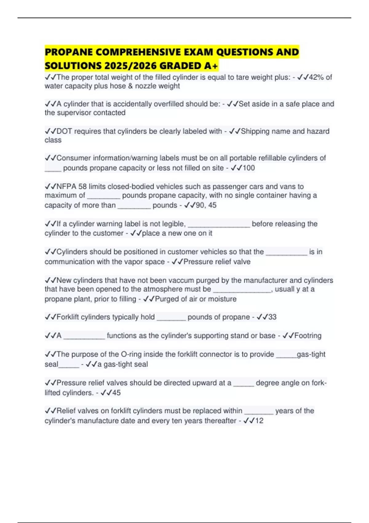 PROPANE COMPREHENSIVE EXAM QUESTIONS AND SOLUTIONS 2025/2026 GRADED A+ ...