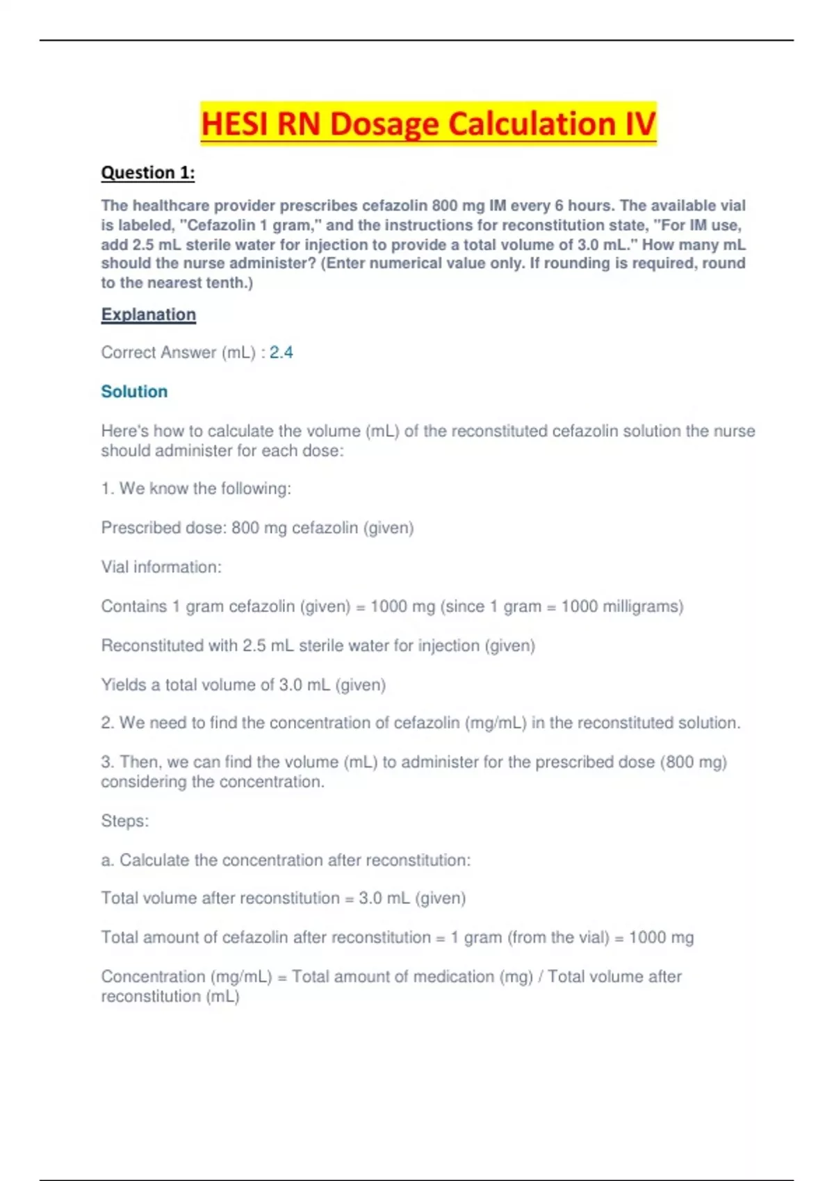 HESI RN Dosage Calculation IV – Advanced Practice Questions with ...