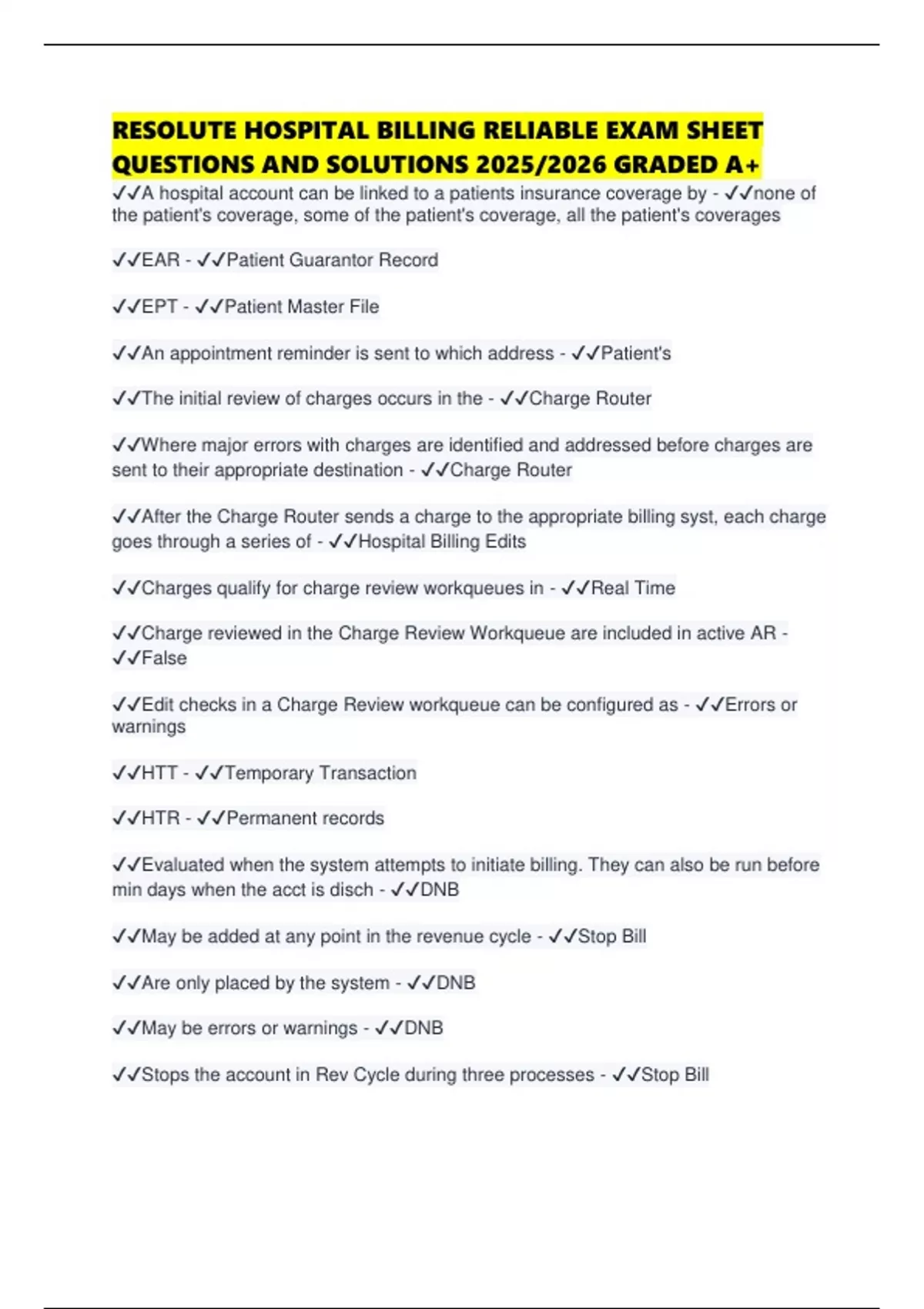 RESOLUTE HOSPITAL BILLING RELIABLE EXAM SHEET QUESTIONS AND SOLUTIONS ...