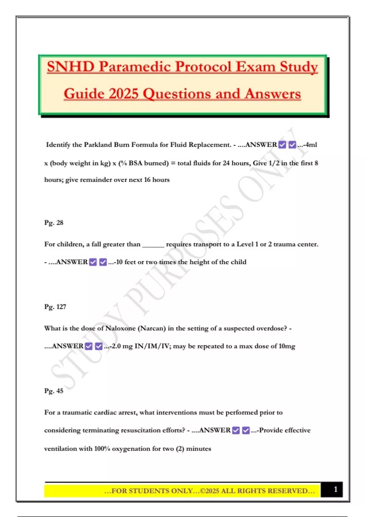 SNHD Paramedic Protocol Exam Study Guide 2025 Questions and Answers ...