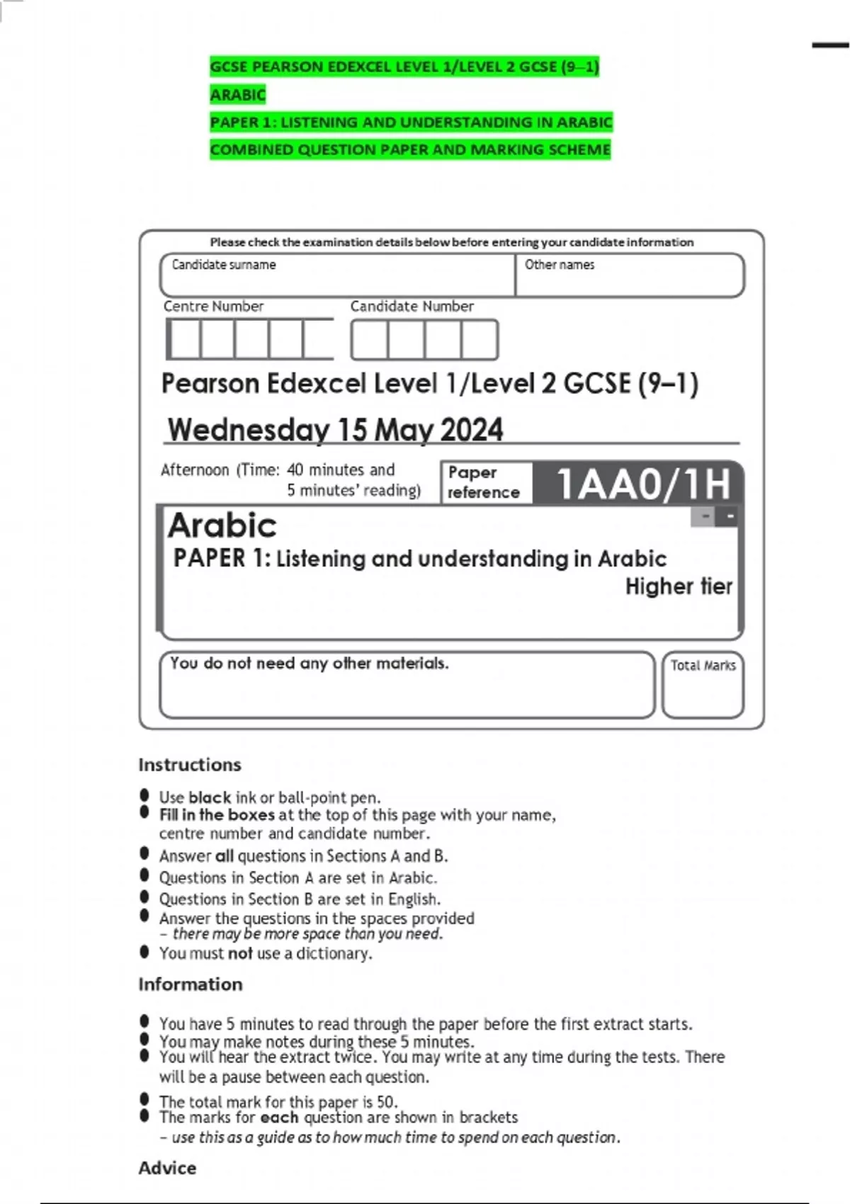 GCSE PEARSON EDEXCEL LEVEL 1/LEVEL 2 GCSE (9–1) ARABIC PAPER 1 ...