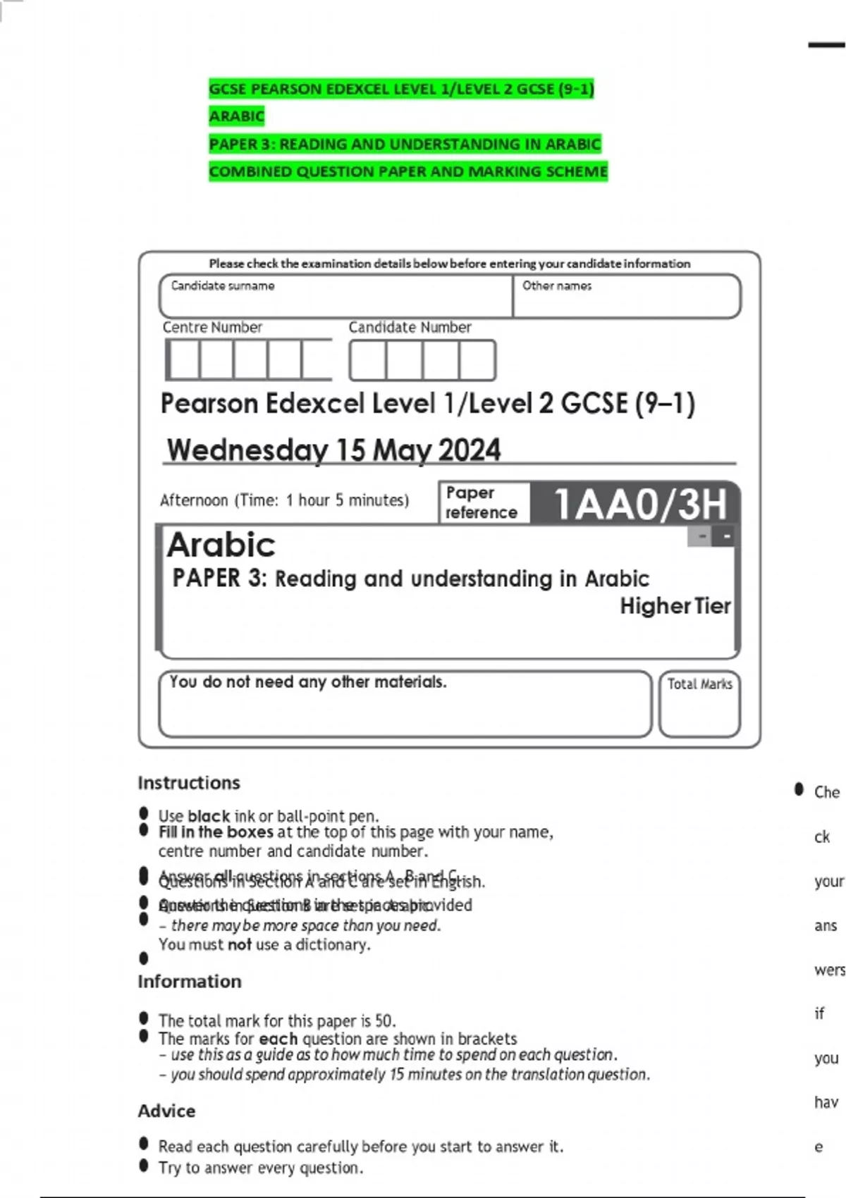 GCSE PEARSON EDEXCEL LEVEL 1/LEVEL 2 GCSE (9–1) ARABIC PAPER 3: READING ...