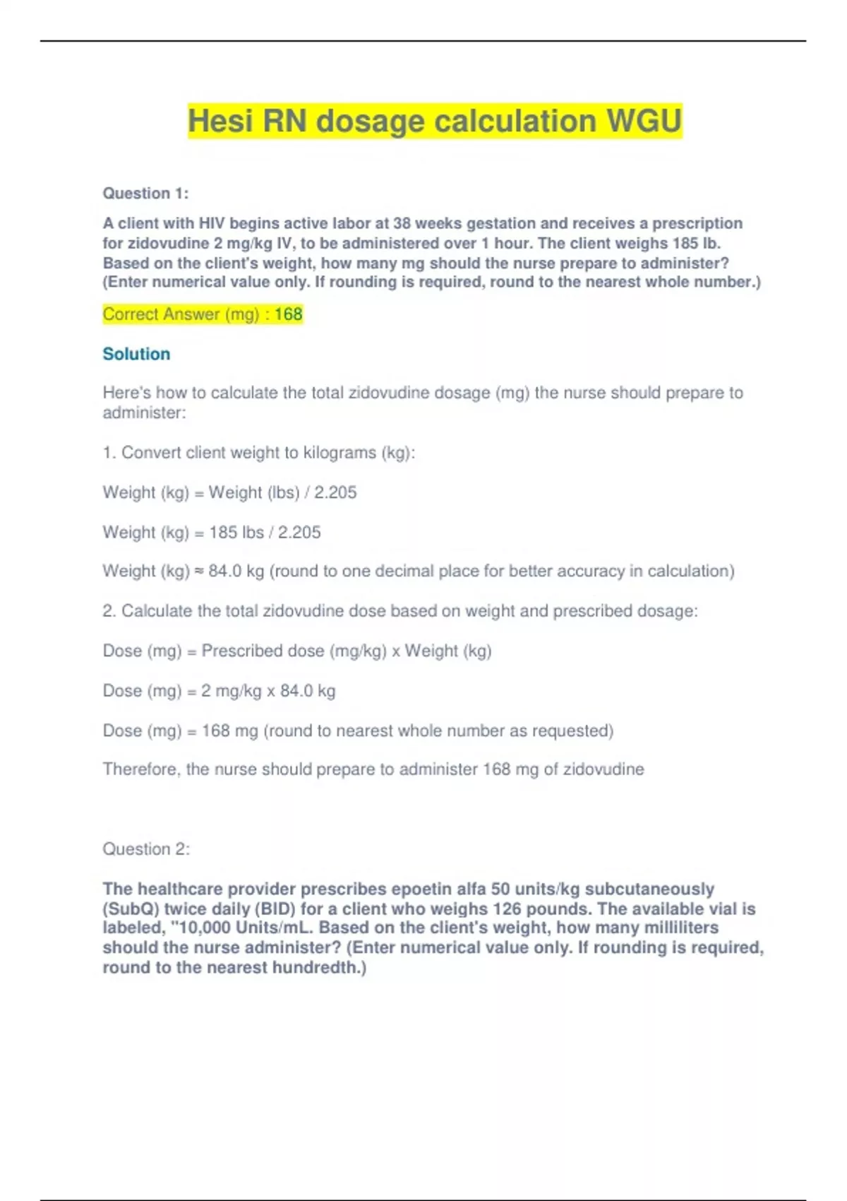 HESI RN Dosage Calculation Pre-Assessment 2 HESI RN Dosage Calculation ...