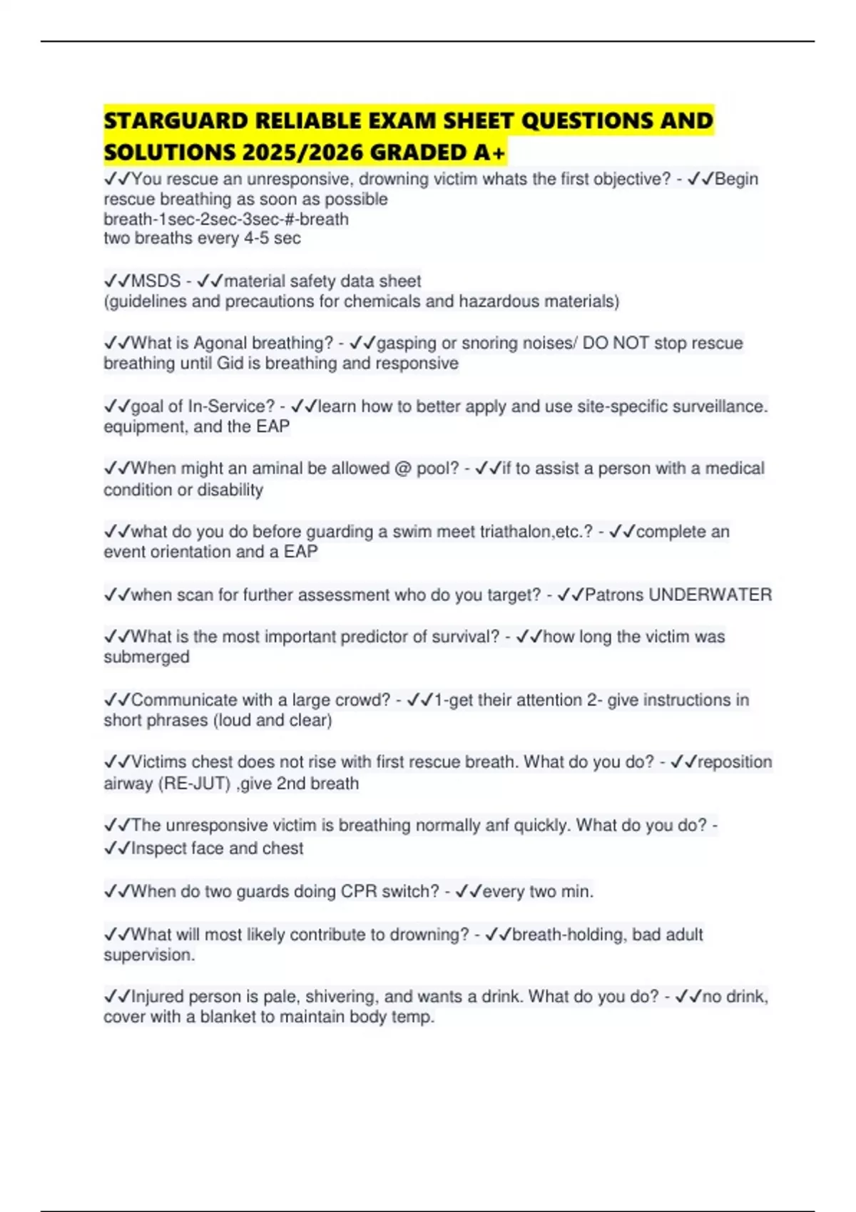 STARGUARD RELIABLE EXAM SHEET QUESTIONS AND SOLUTIONS 2025/2026 GRADED ...