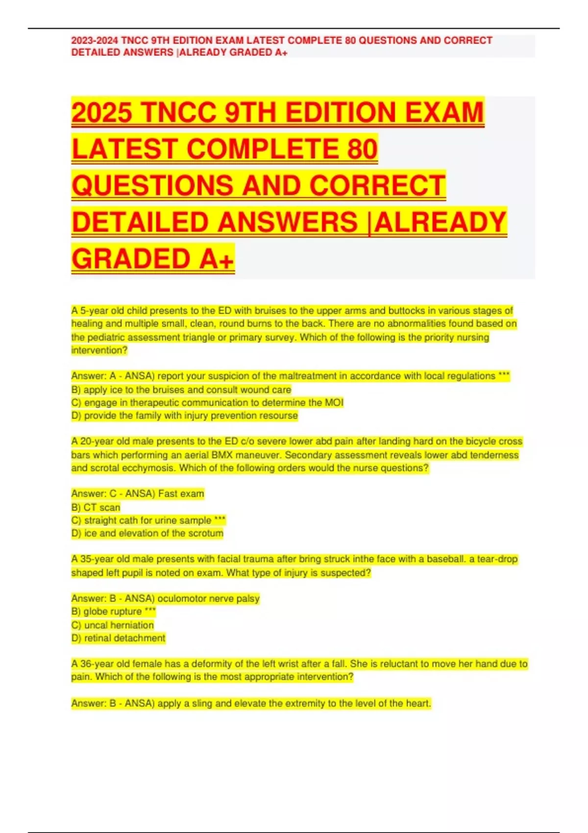 TNCC 9TH EDITION EXAM LATEST COMPLETE 80 QUESTIONS AND CORRECT ...